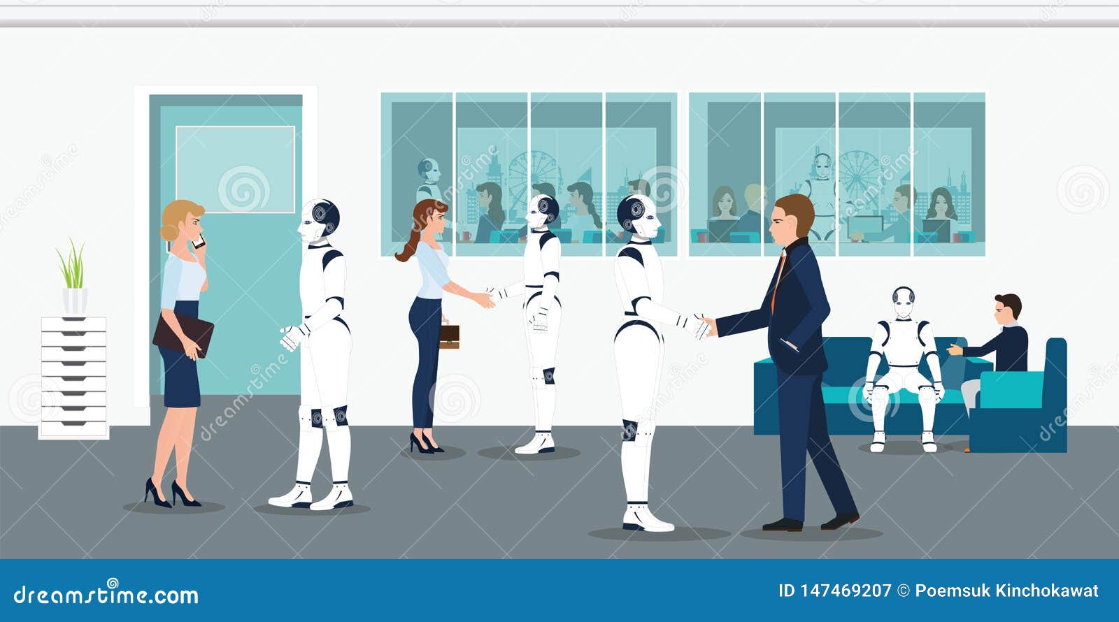 Human and Robots Office Workers Stock Vector - Illustration of company ...