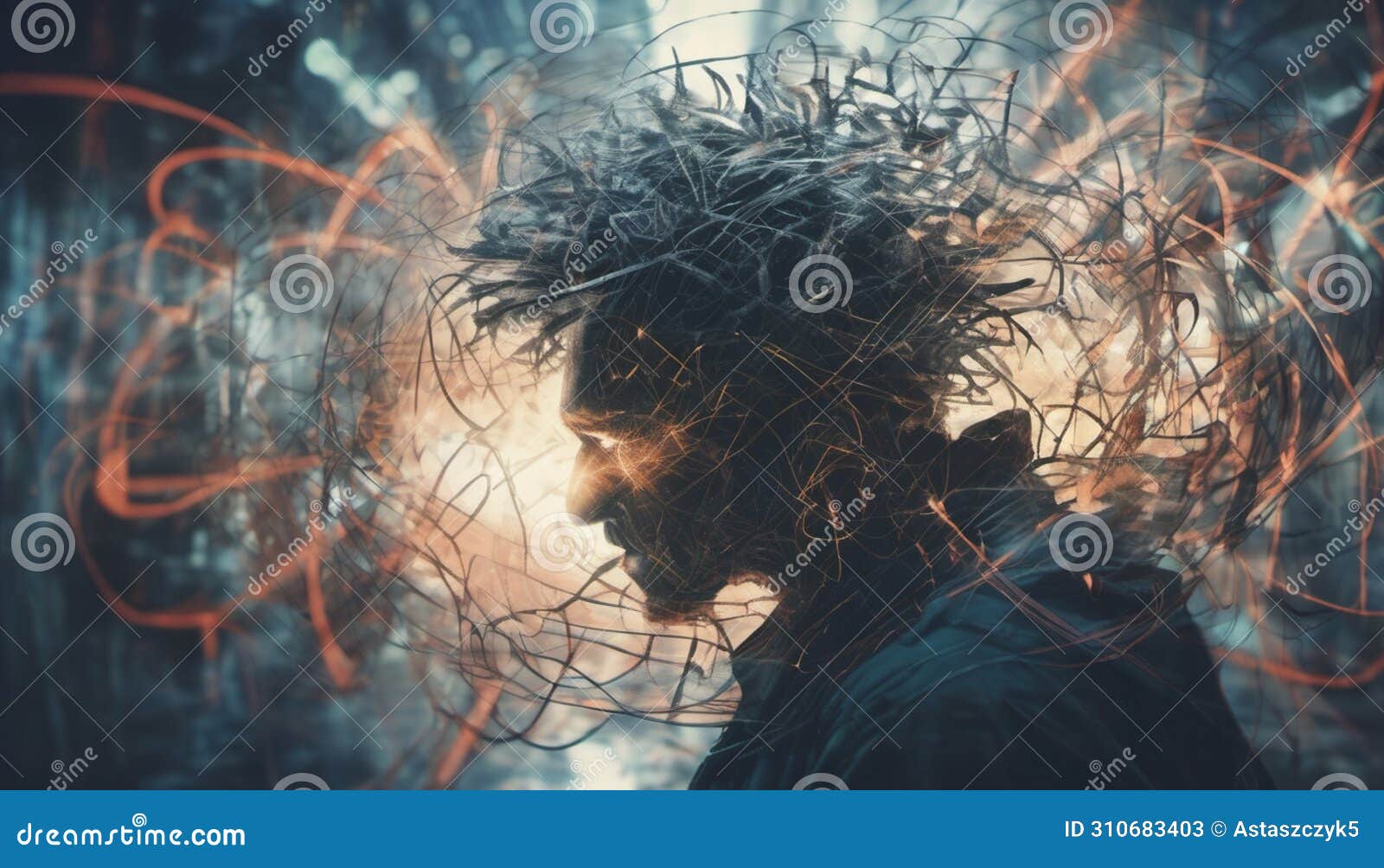 Human S Head in the Darkness. Concept of Schizophrenia and Chaotic Mind Stock Illustration ...