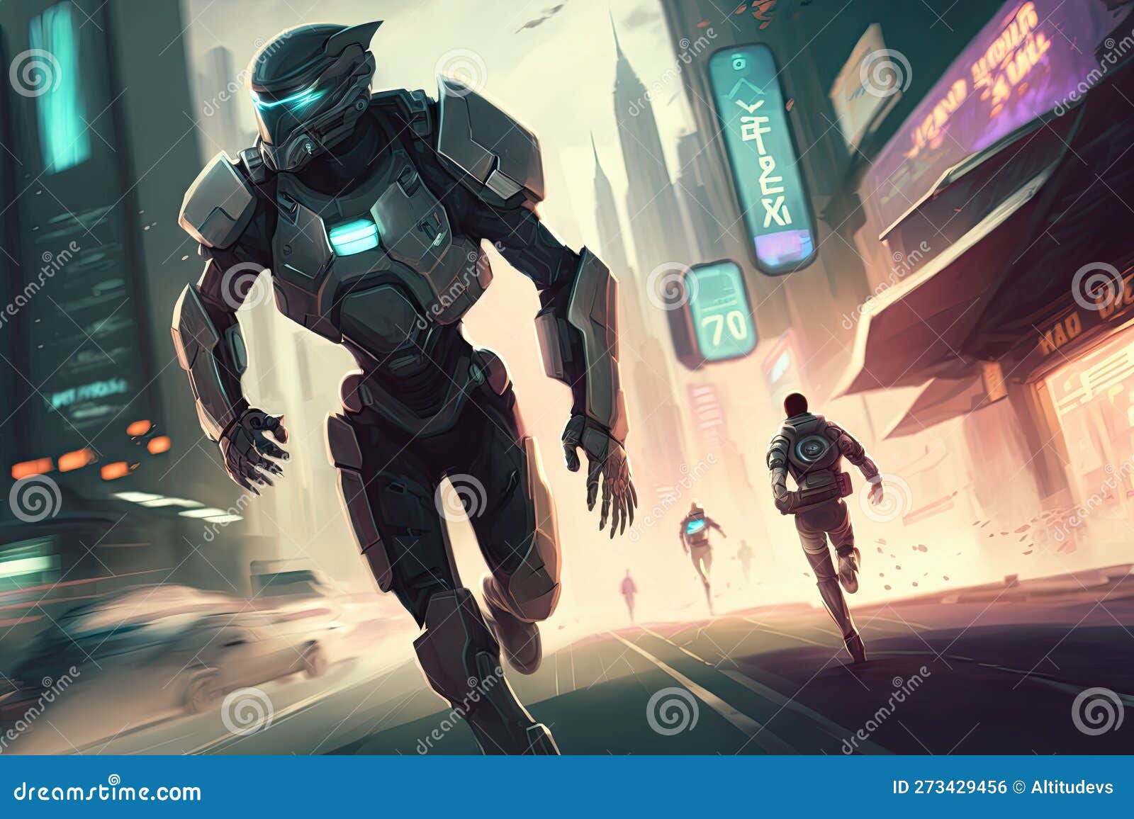 Human Security Guard Chasing Android Thief through Futuristic, Sci-fi ...