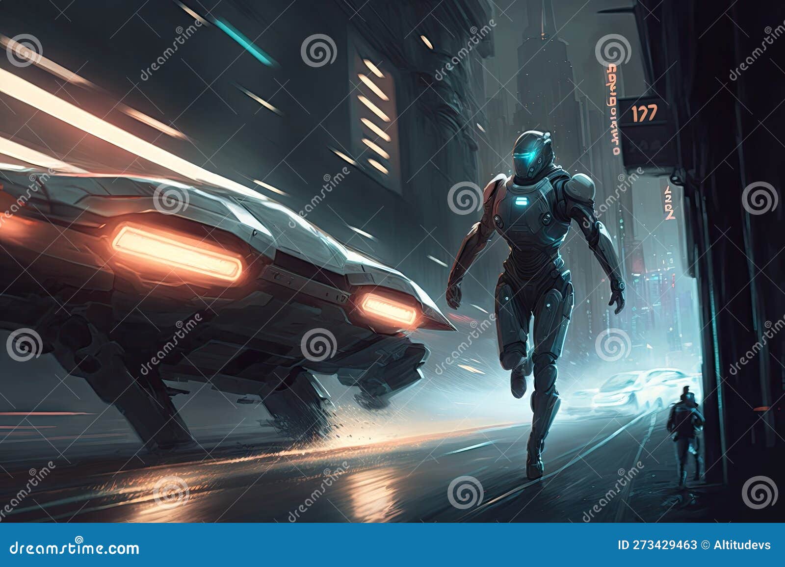 Human Security Guard Chasing Android Thief through Futuristic, Sci-fi ...