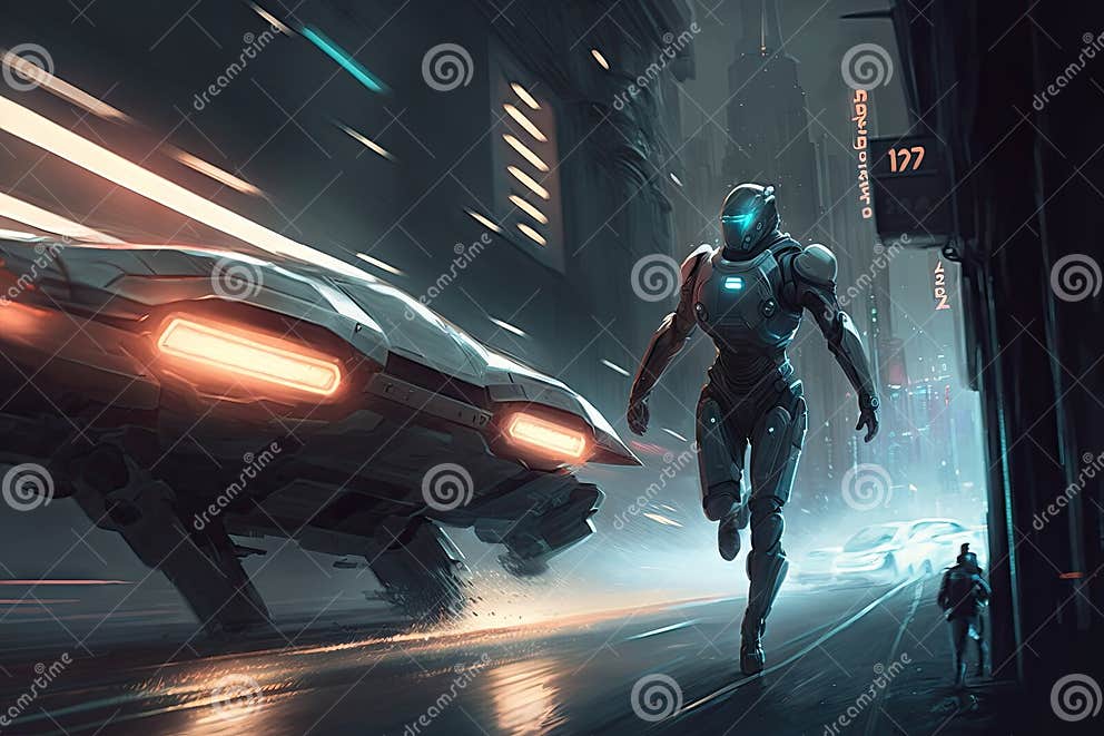 Human Security Guard Chasing Android Thief through Futuristic, Sci-fi ...