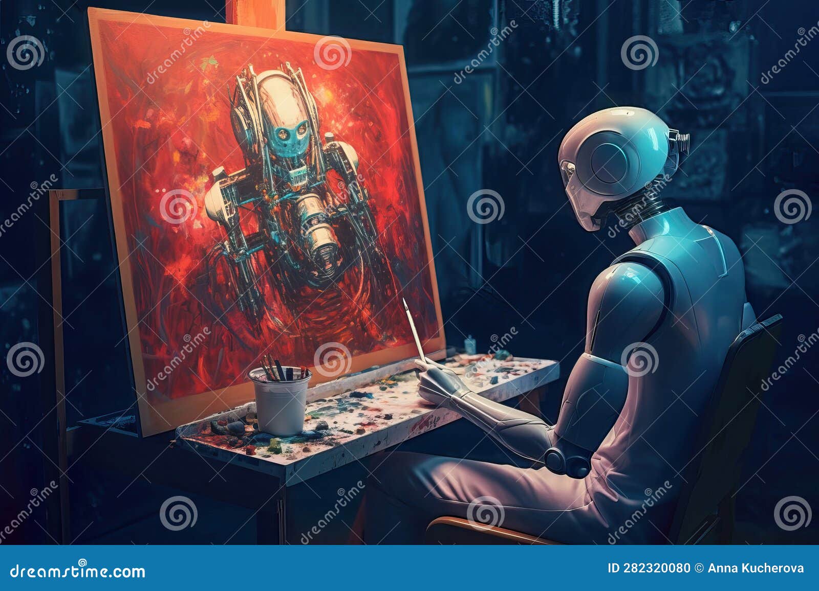 Human-shaped Robot Sits At An Easel In Art Studio, Painting A Self ...