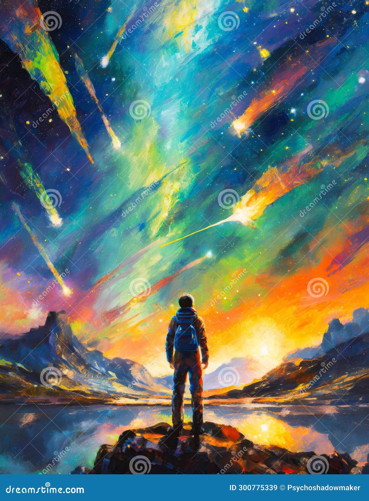 Human Silhouette on Another Planet in Space Looking Up To the Aurora ...