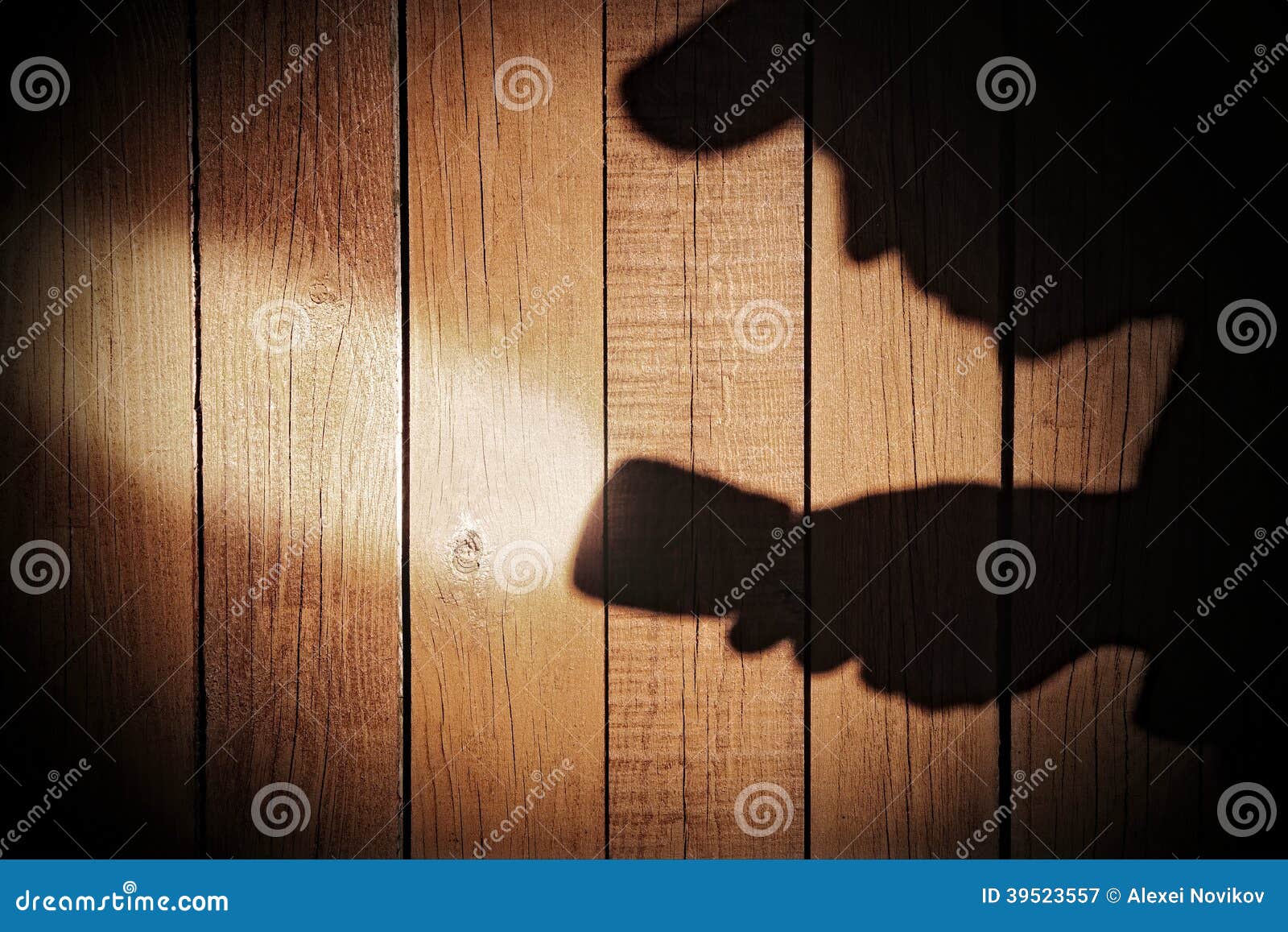 Human Silhouette With Flashlight In Shadow On Wood Background, X ...