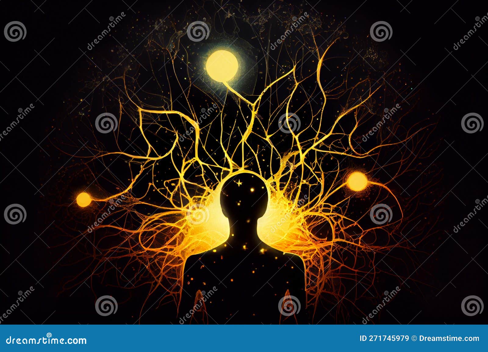 Human Silhouette with Glowing Neurons and Protons in Cosmic Space. AI ...