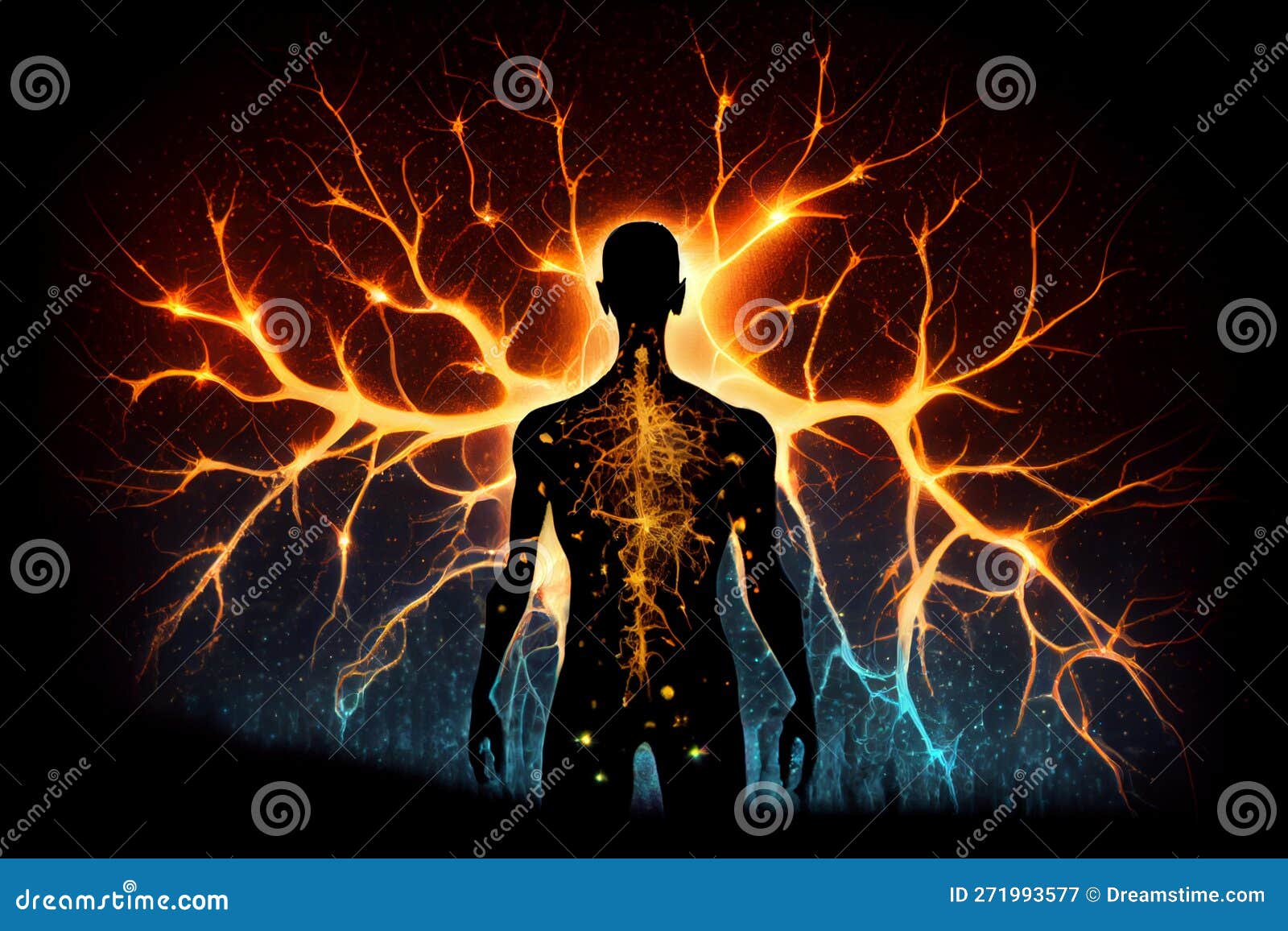 Human Silhouette with Glowing Neurons and Protons in Cosmic Space. AI ...