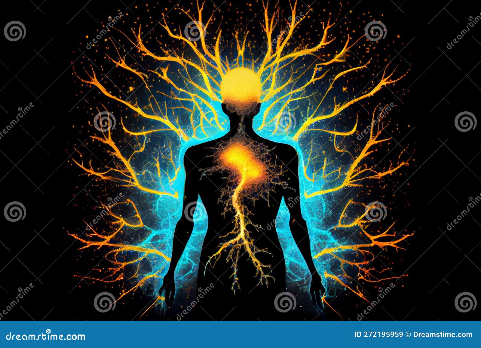 Human Silhouette with Glowing Neurons and Protons in Cosmic Space. AI ...