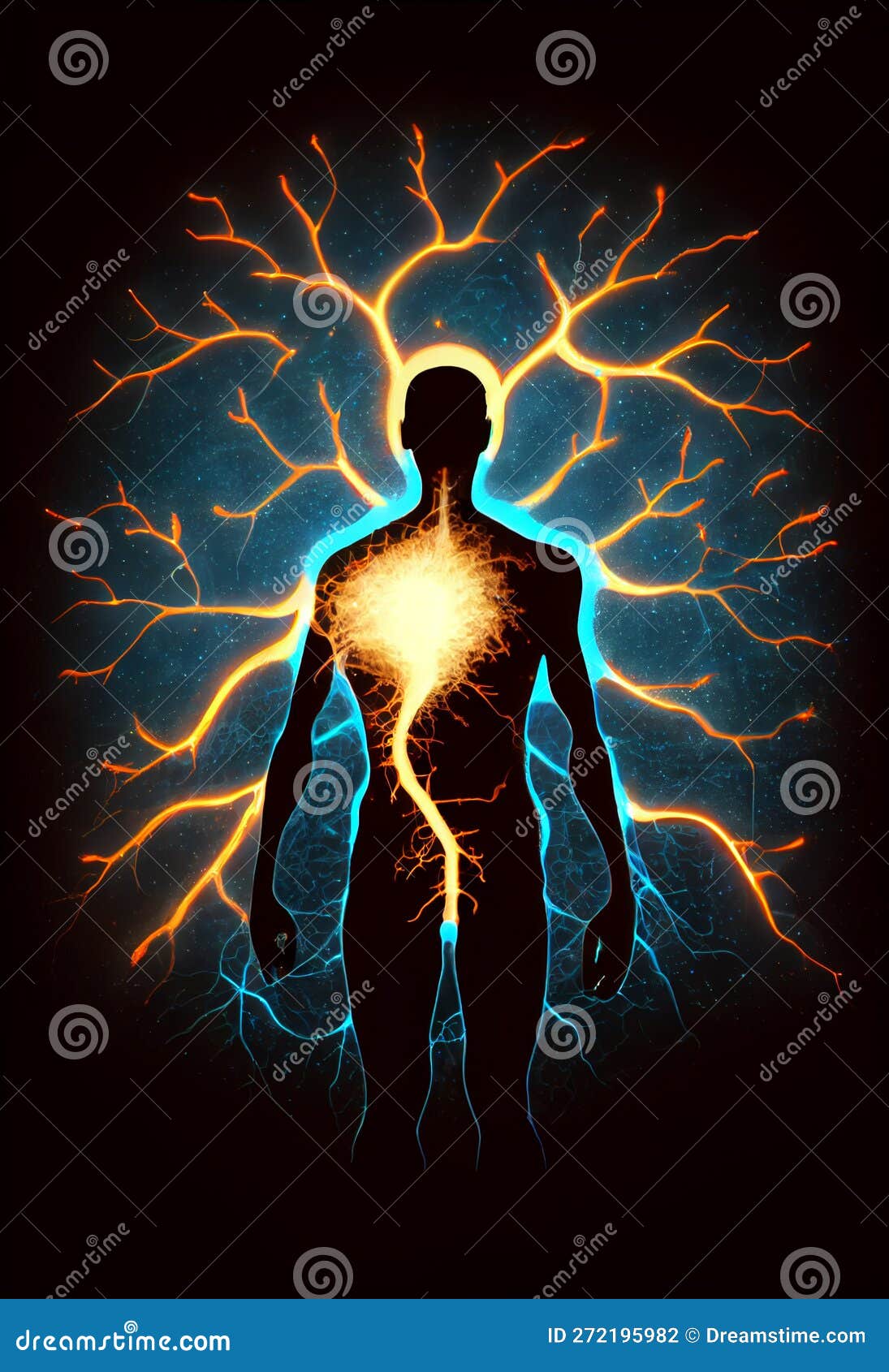 Human Silhouette with Glowing Neurons and Protons in Cosmic Space. AI ...