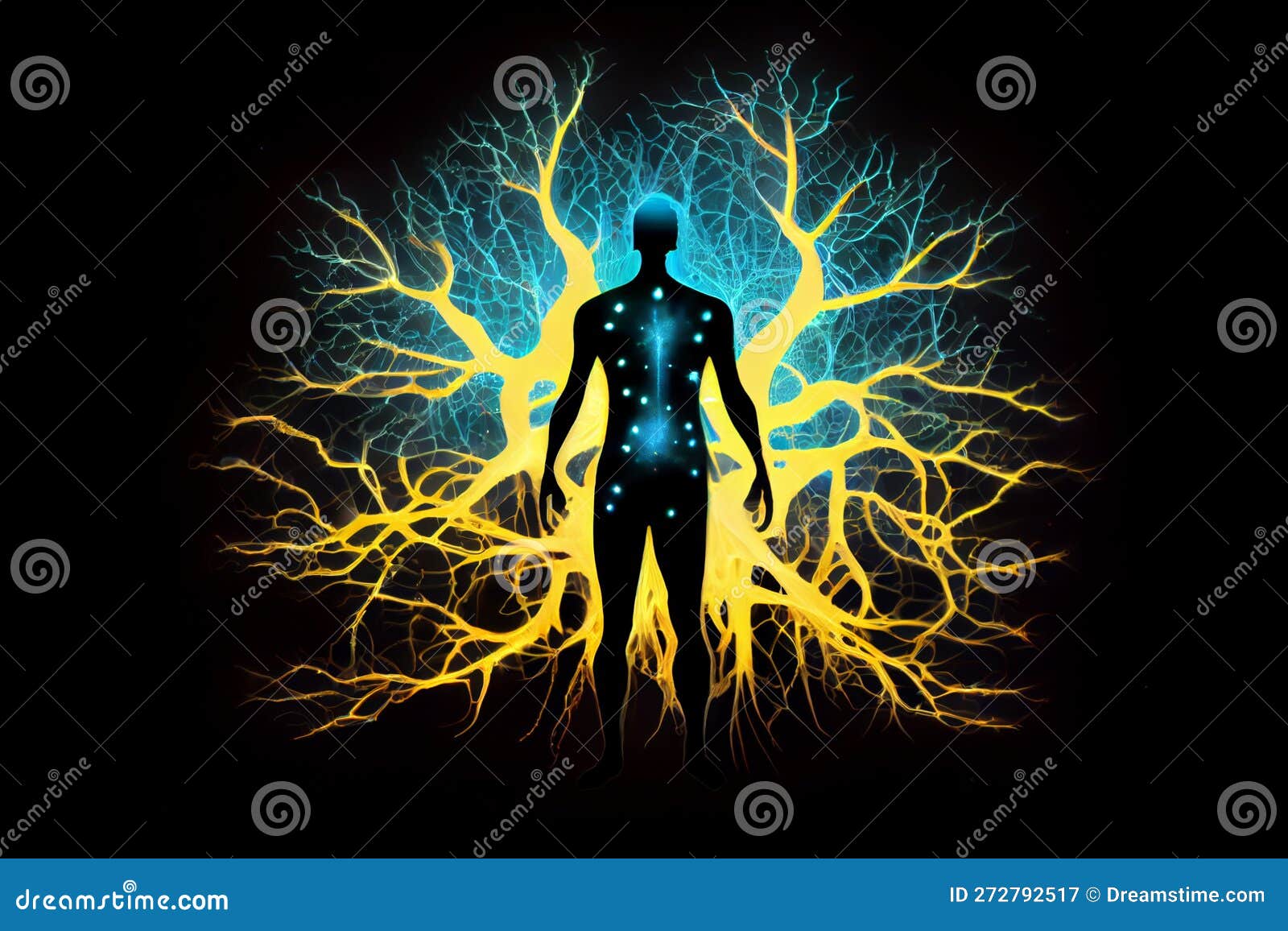 Human Silhouette with Glowing Neurons and Protons in Cosmic Space. AI ...
