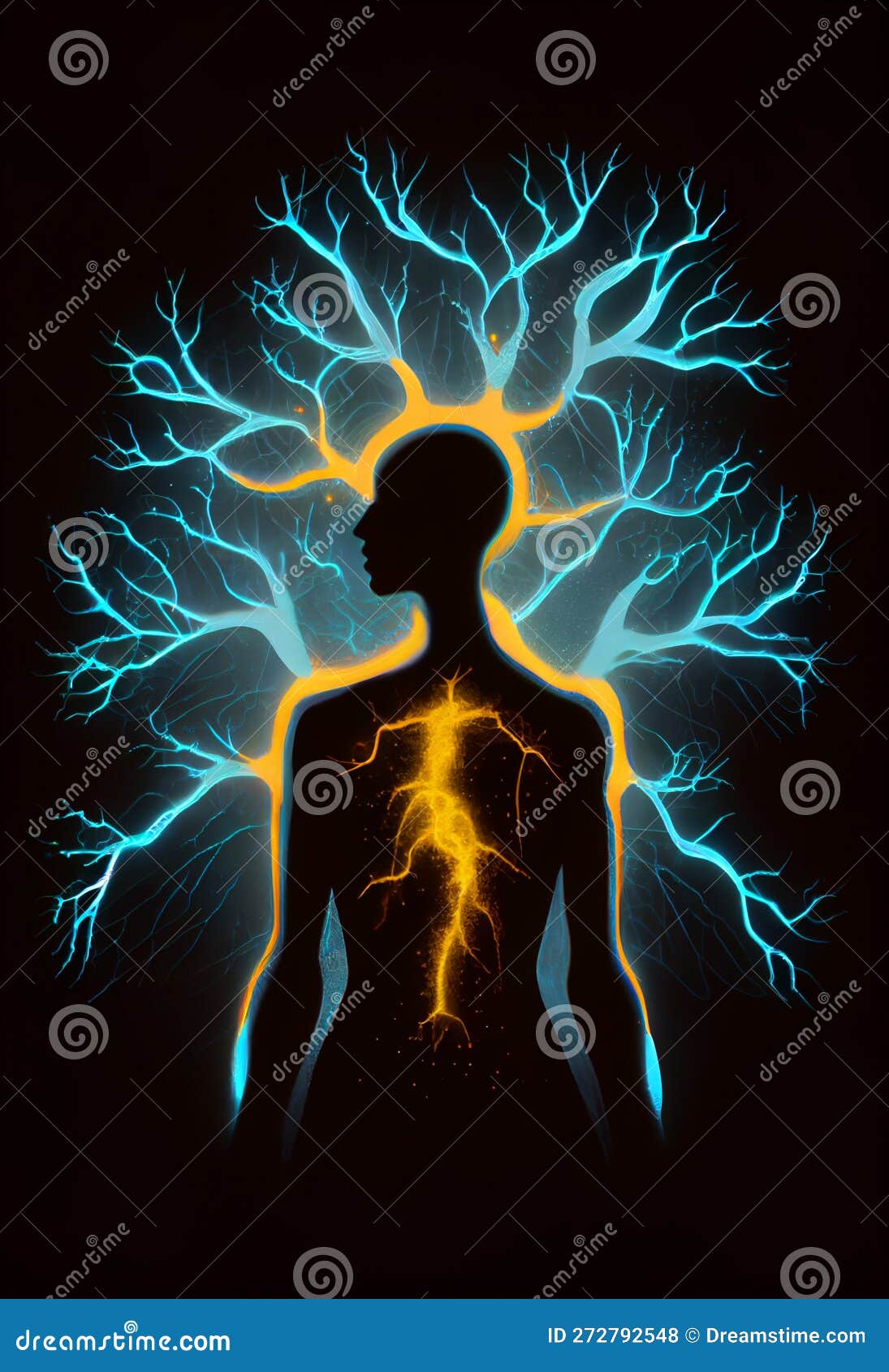 Human Silhouette with Glowing Neurons and Protons in Cosmic Space. AI ...