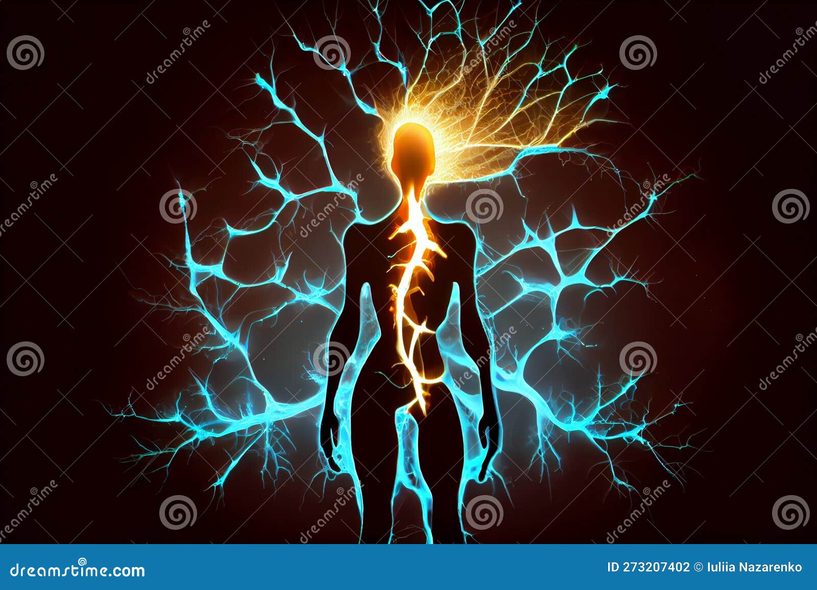 Human Silhouette with Glowing Neurons and Protons in Cosmic Space. AI ...