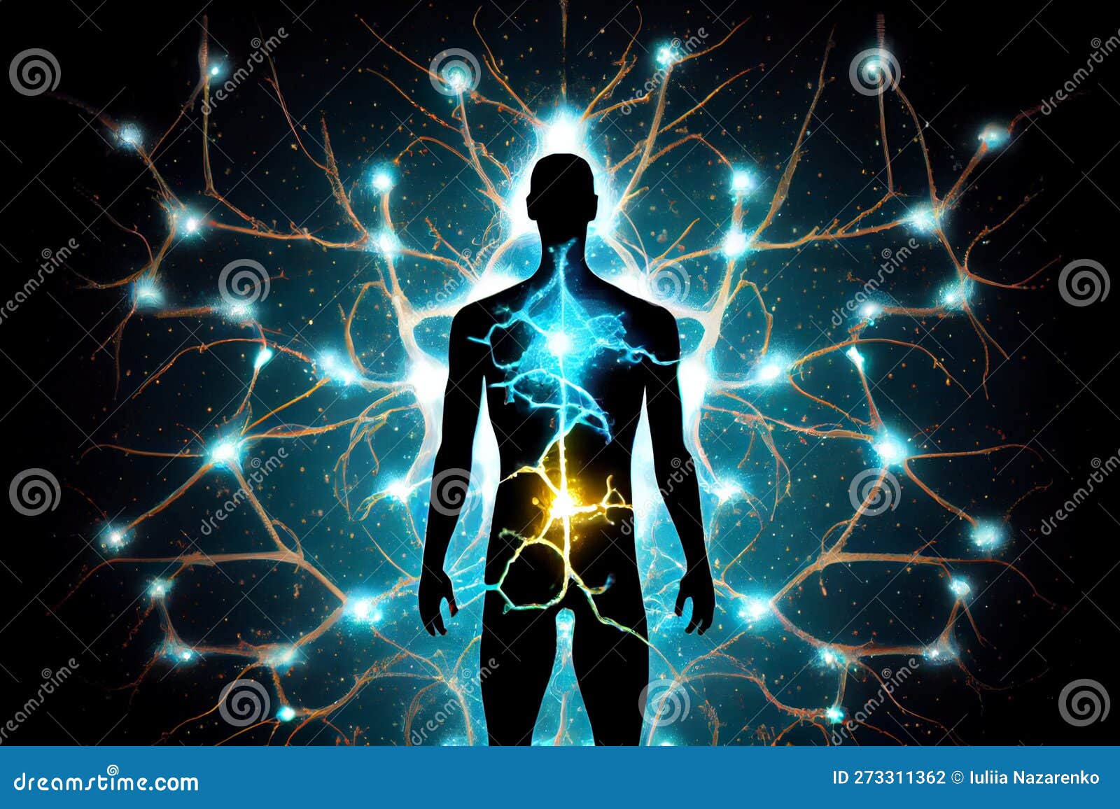 Human Silhouette with Glowing Neurons and Protons in Cosmic Space. AI ...
