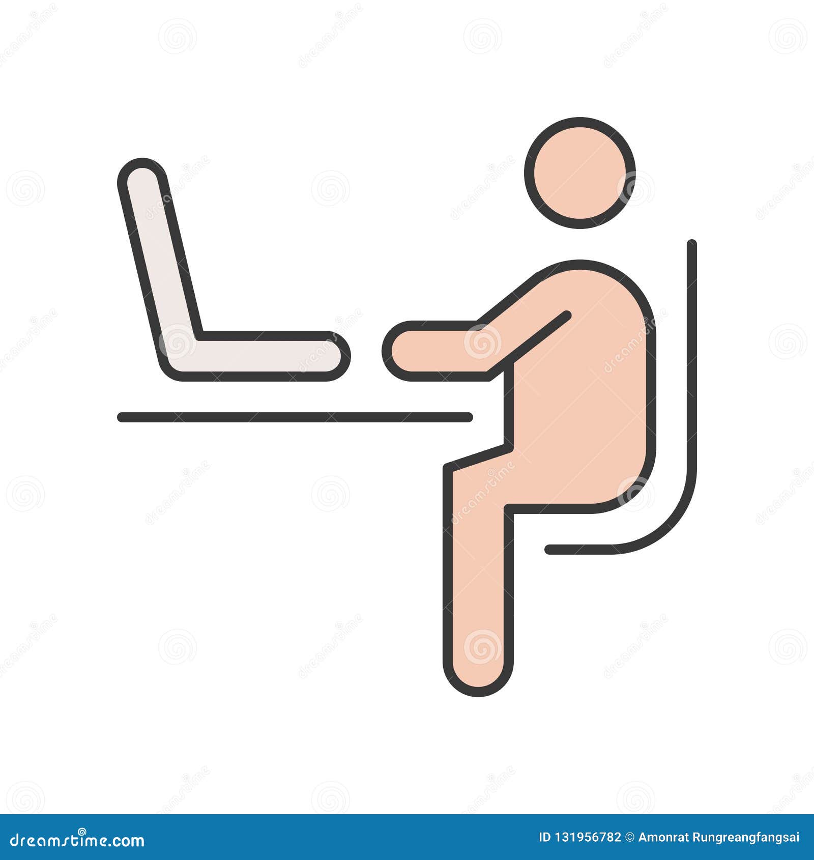 Human Sitting on Chair and Using Laptop on Table, Editable Stroke ...