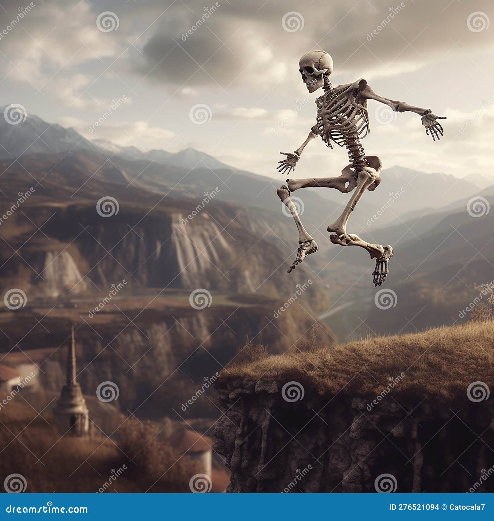 Human Skeleton Falls Down from Steep Cliff Against Backdrop of Mountain ...