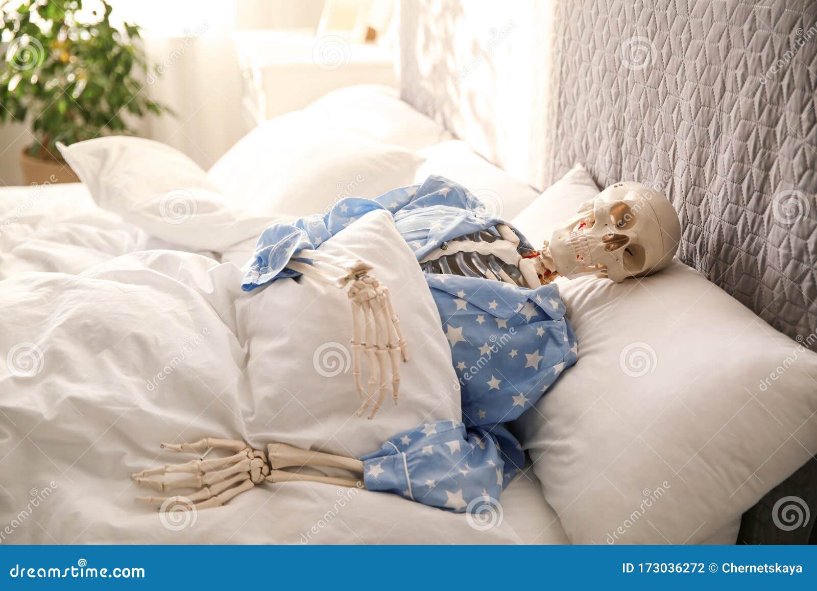 Human Skeleton in Pajamas Lying on Bed Stock Photo - Image of humor ...