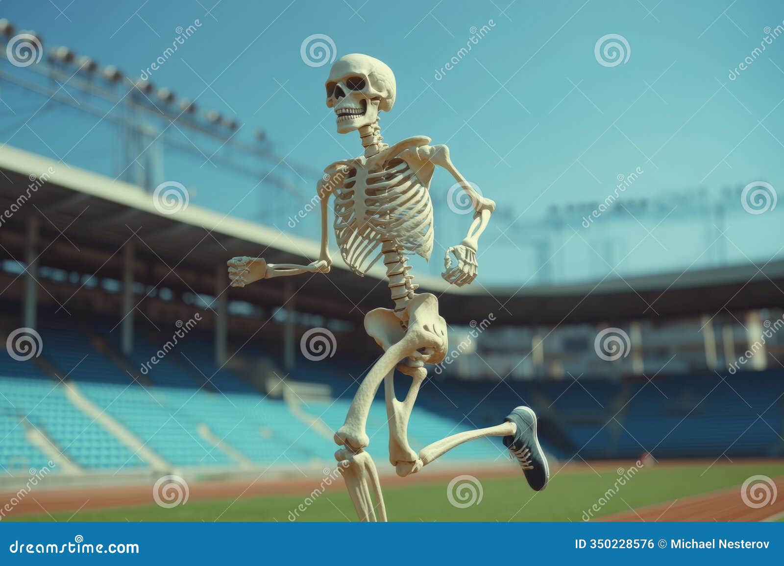 Human Skeleton Running on Athletic Track Inside Stadium Stock Photo ...