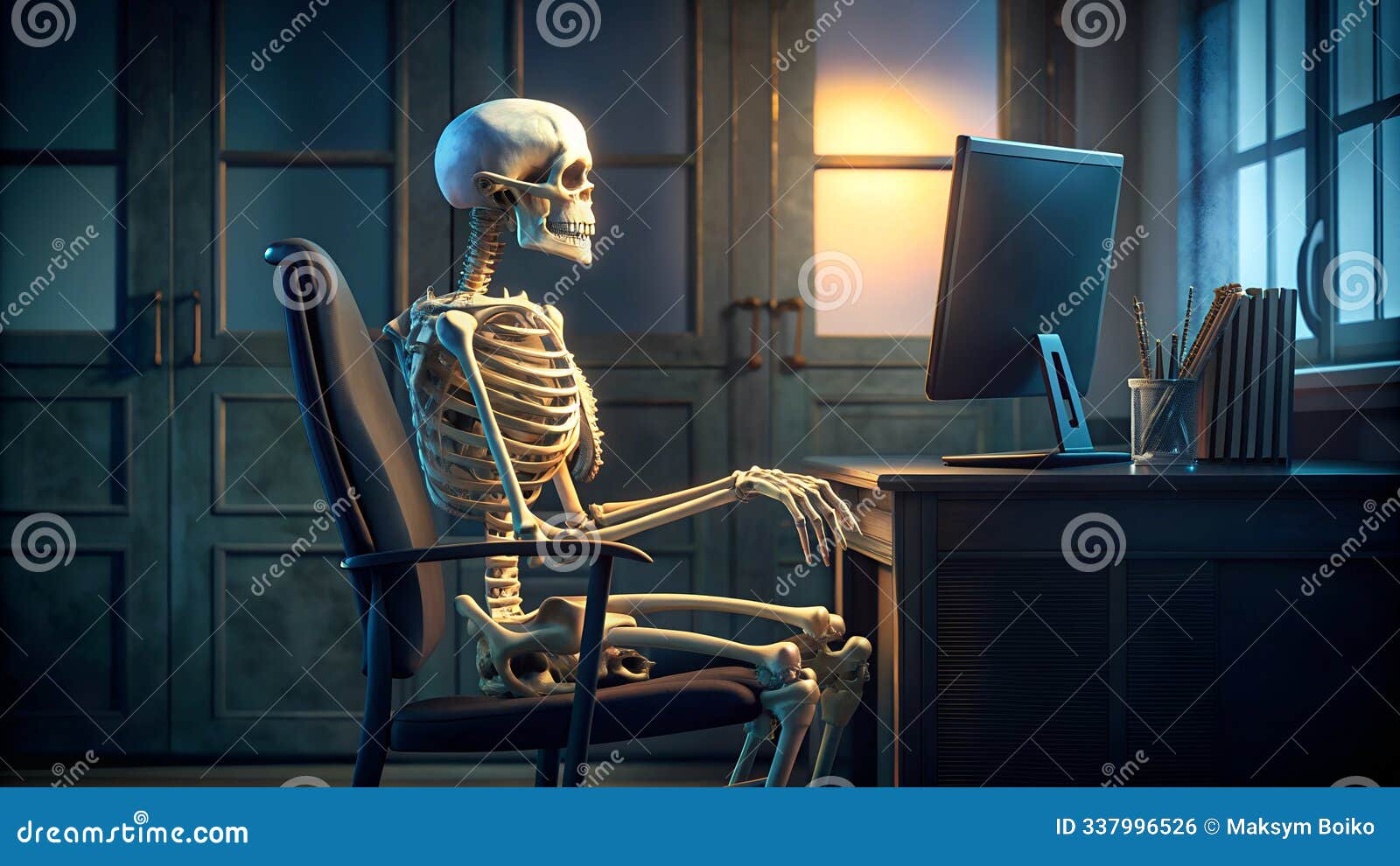 A Human Skeleton Sitting on a Chair and Staring at a Computer Screen ...