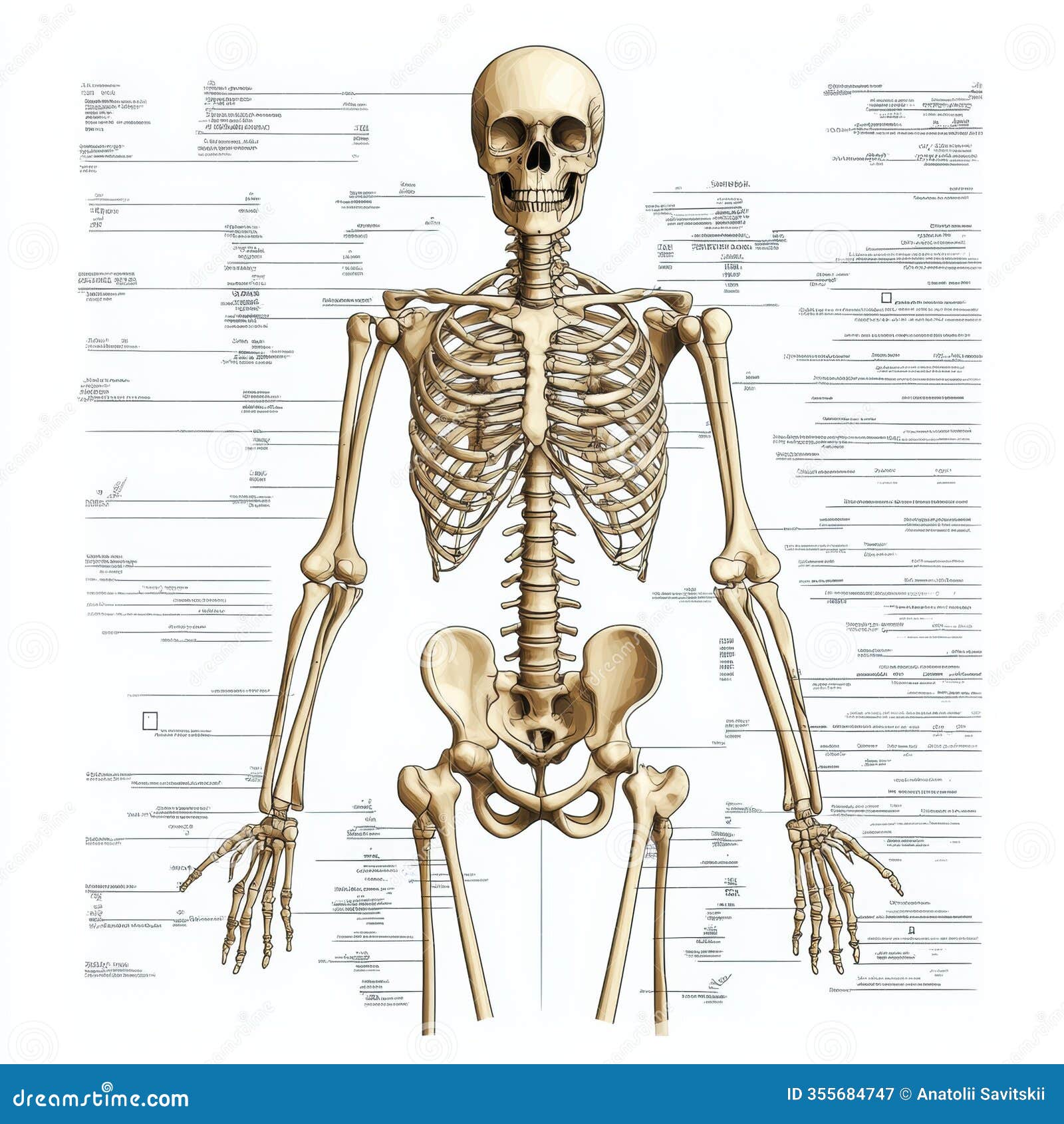 Detailed Anatomical Diagram Showing Human Skeleton with Labeled Bones ...