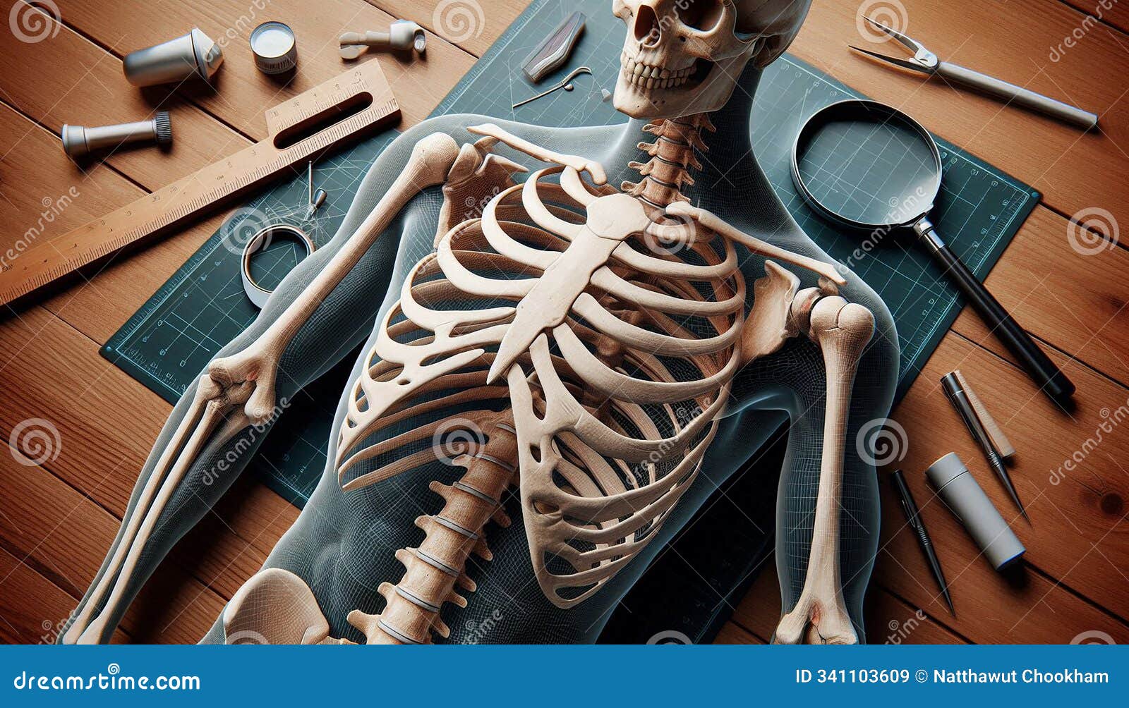Human Skeleton with Study Tools on a Work Surface Stock Illustration ...