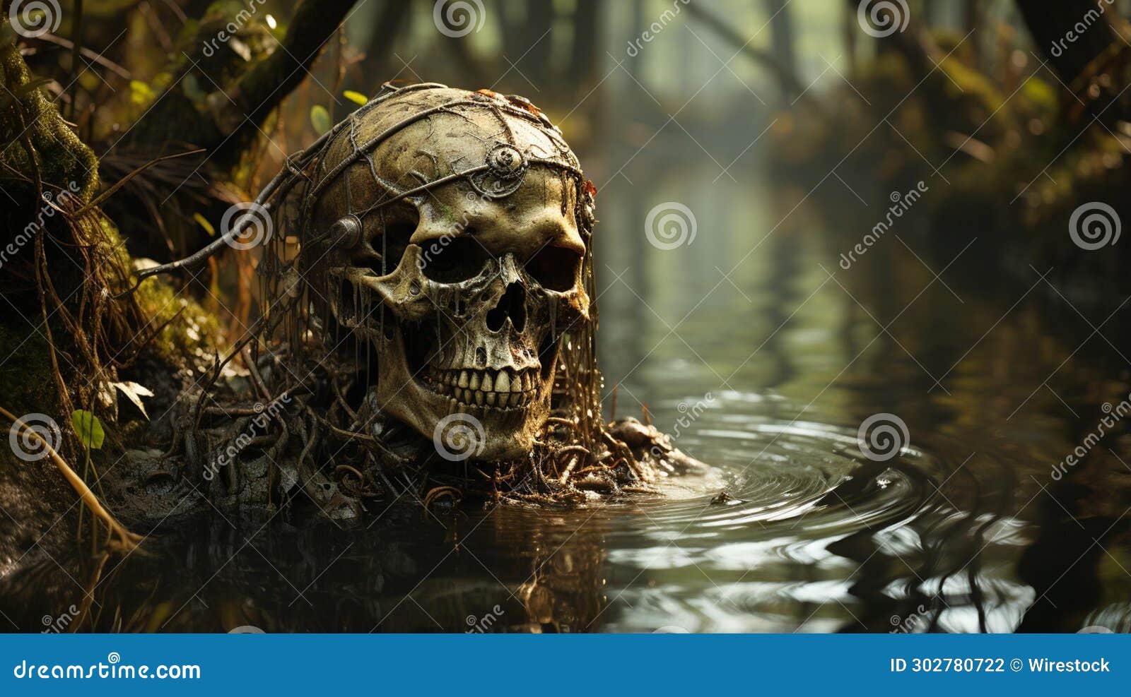 Human Skeleton Submerged in Water Illuminated by the Lush Greenery, AI ...
