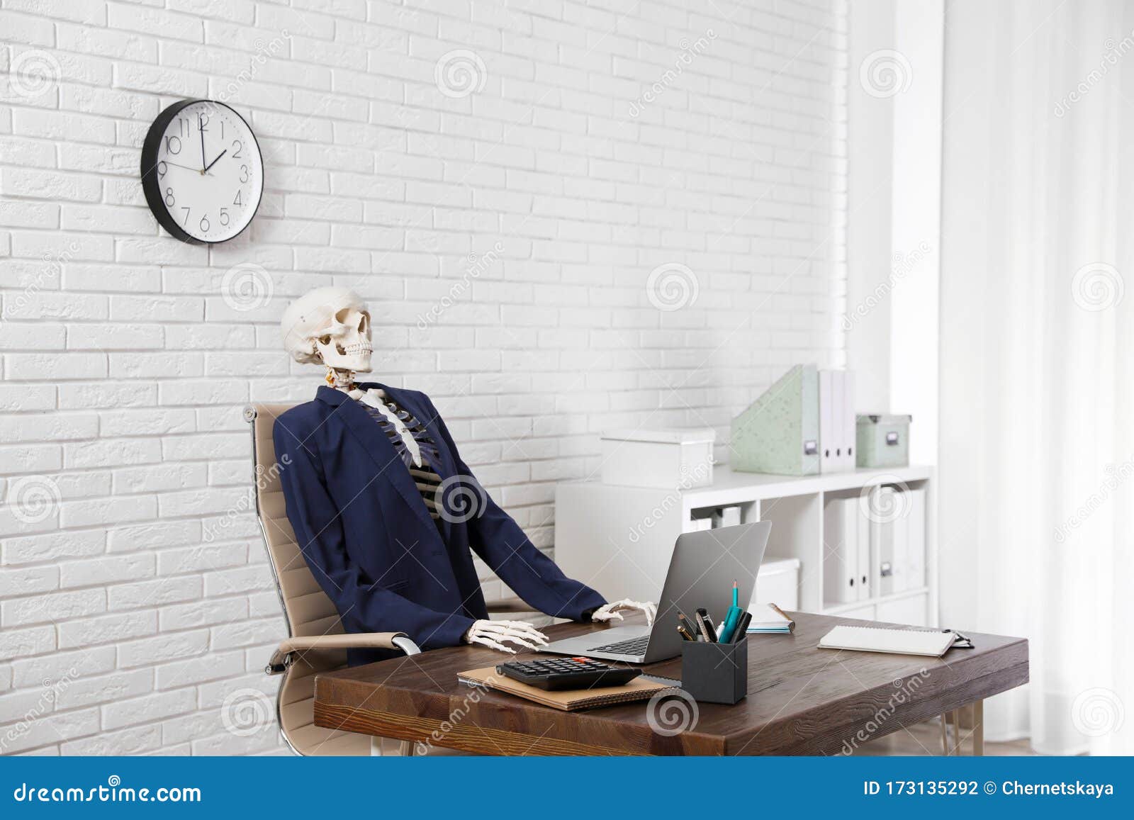 Human Skeleton in Suit Using Laptop at Table Stock Photo - Image of ...