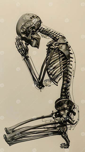 Human Skeleton In Thoughtful Pose X Ray Style Illustration Stock Image