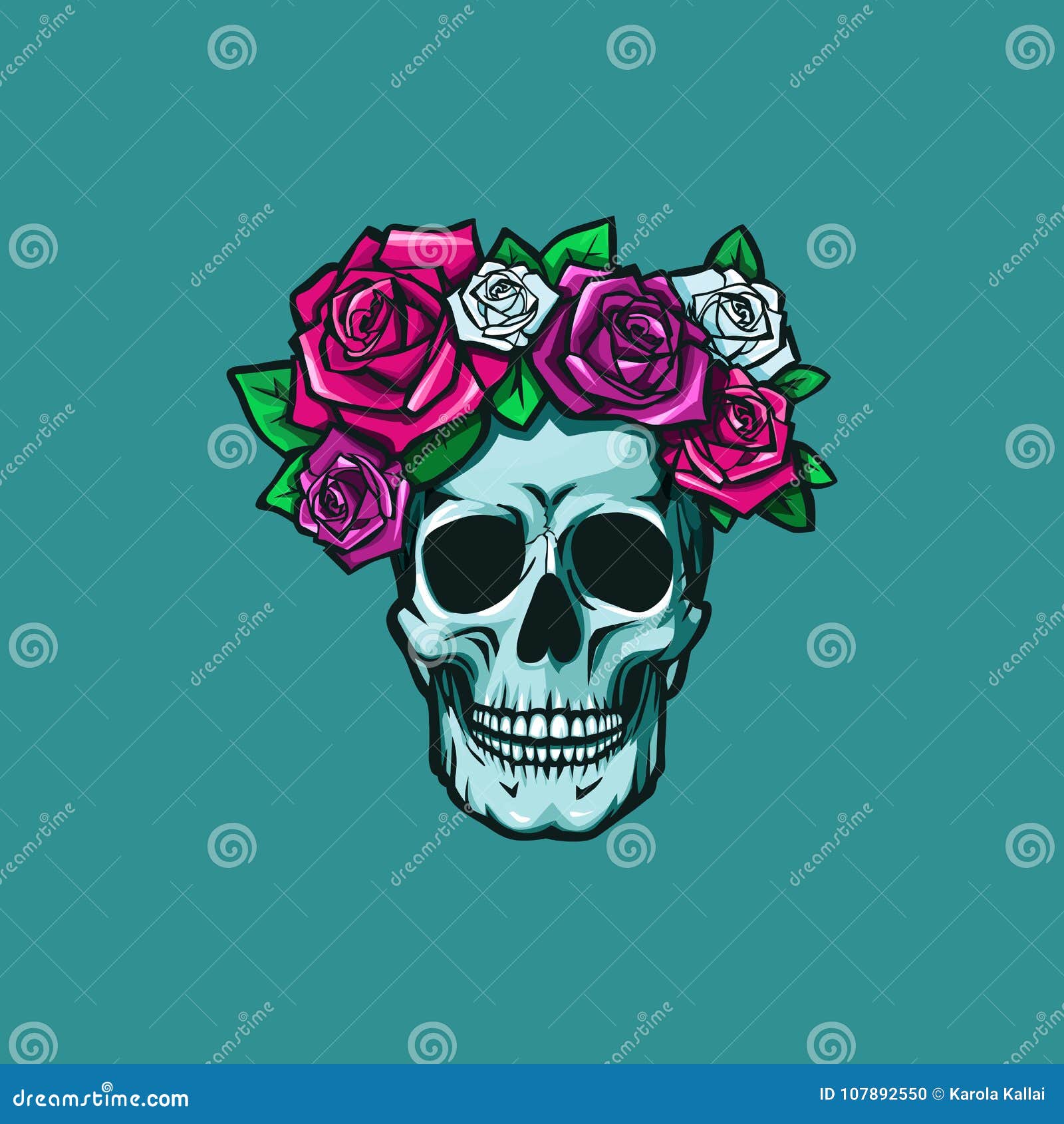 Human Skull with Colorful Roses Stock Vector - Illustration of leaves ...
