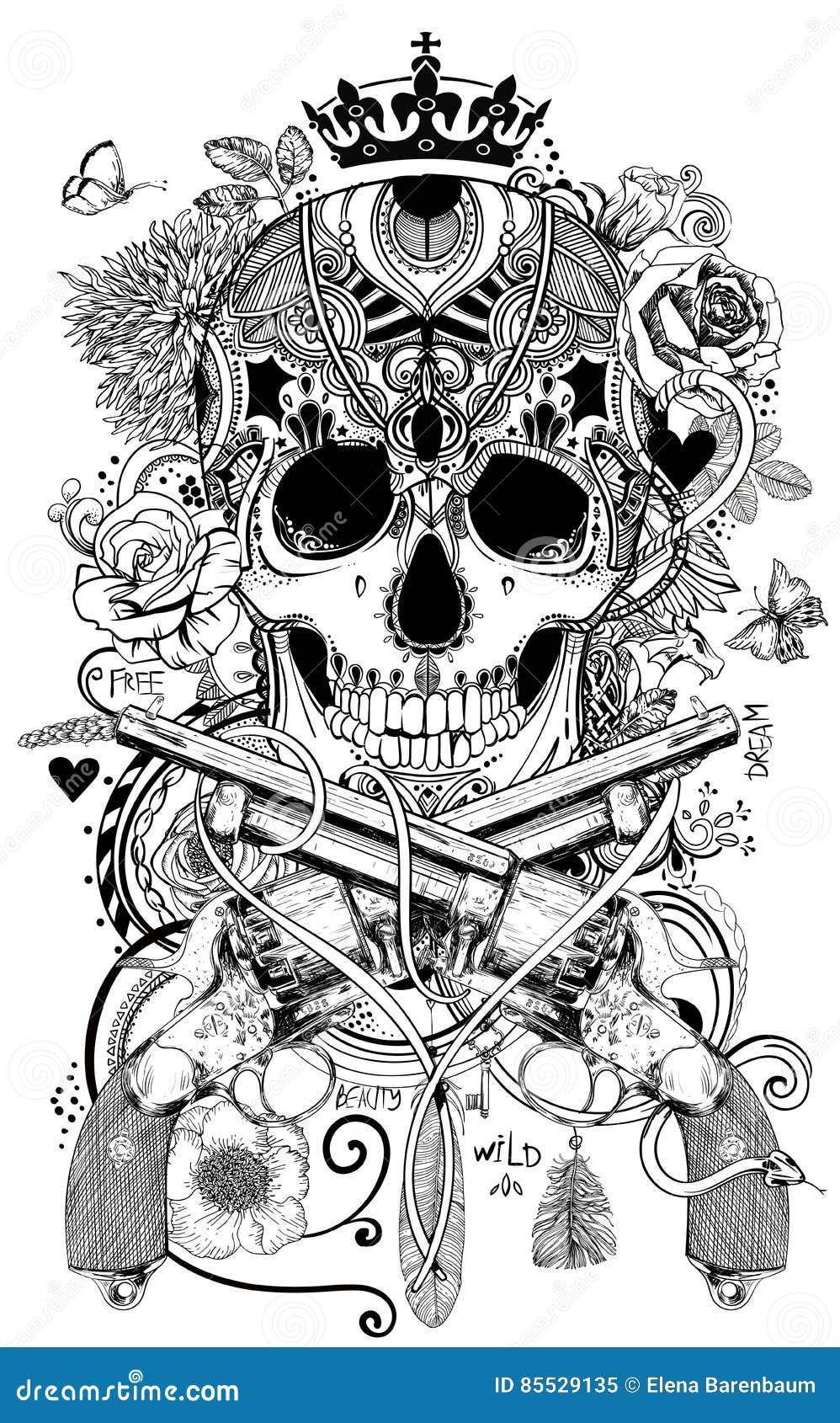 Human Skull with Decorative Elements Stock Vector - Illustration of ...