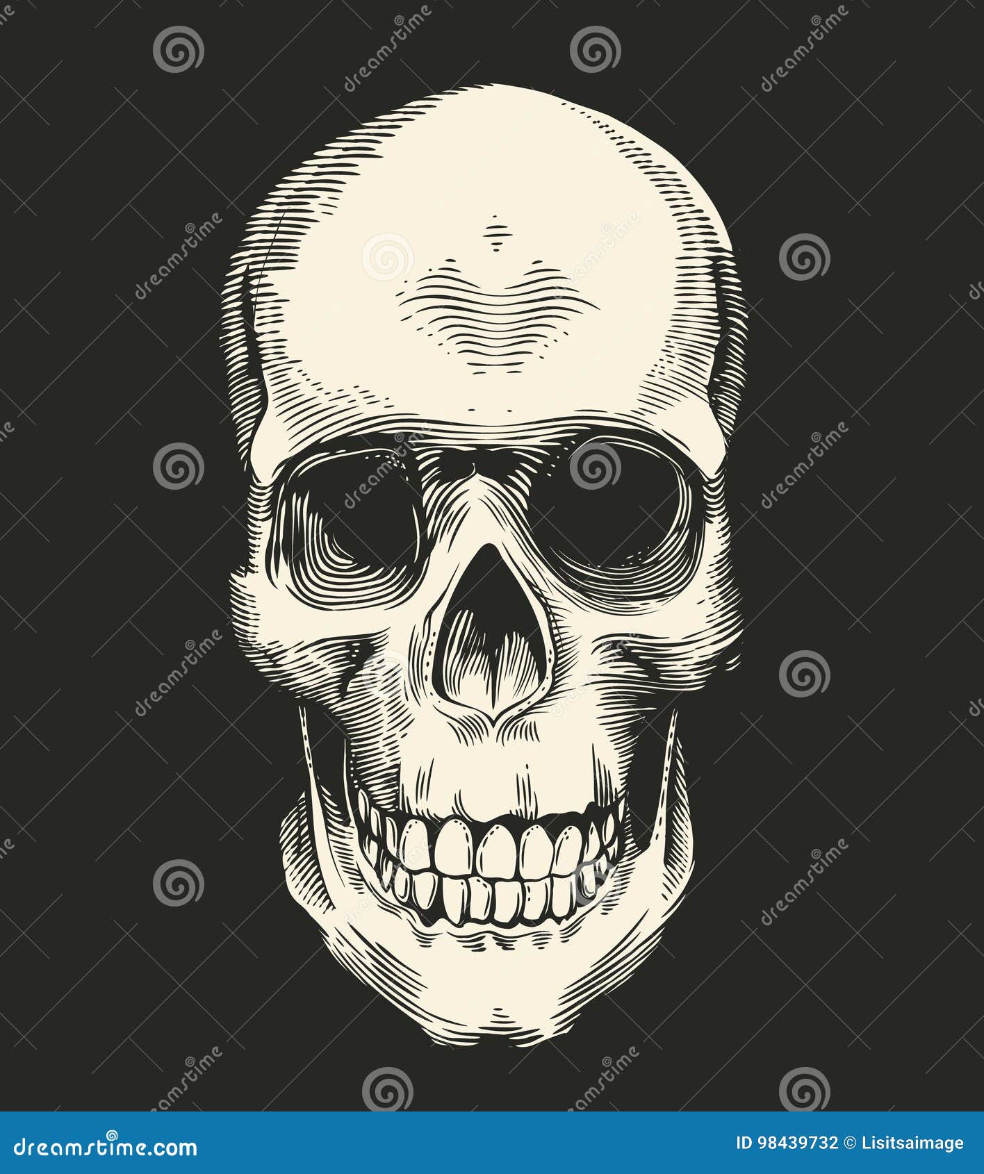Human Skull Drawn In Retro Etching Style On Black Background, Front ...
