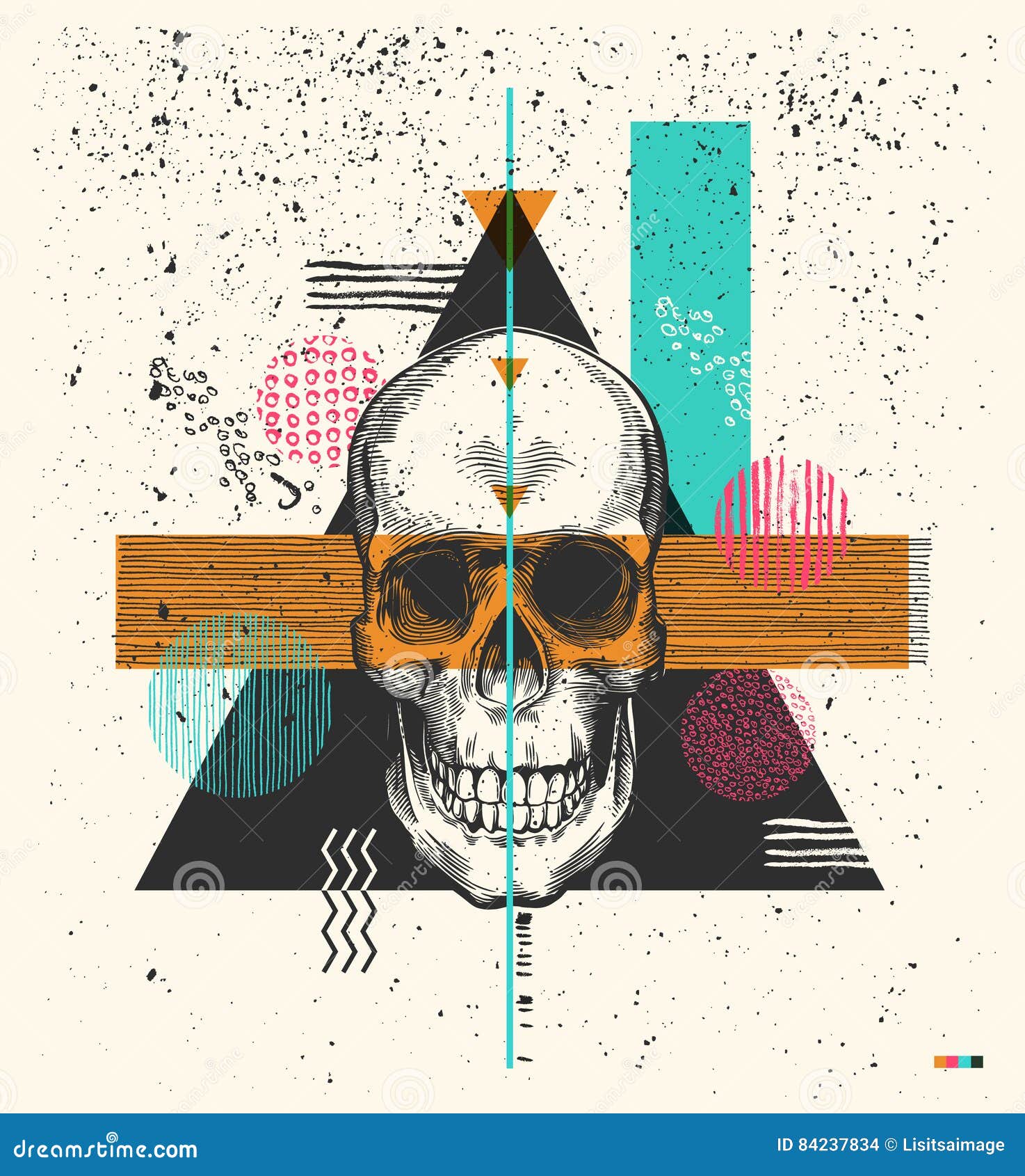 Human Skull Drawn in Woodcut Retro Style and Triangles, Rectangles ...