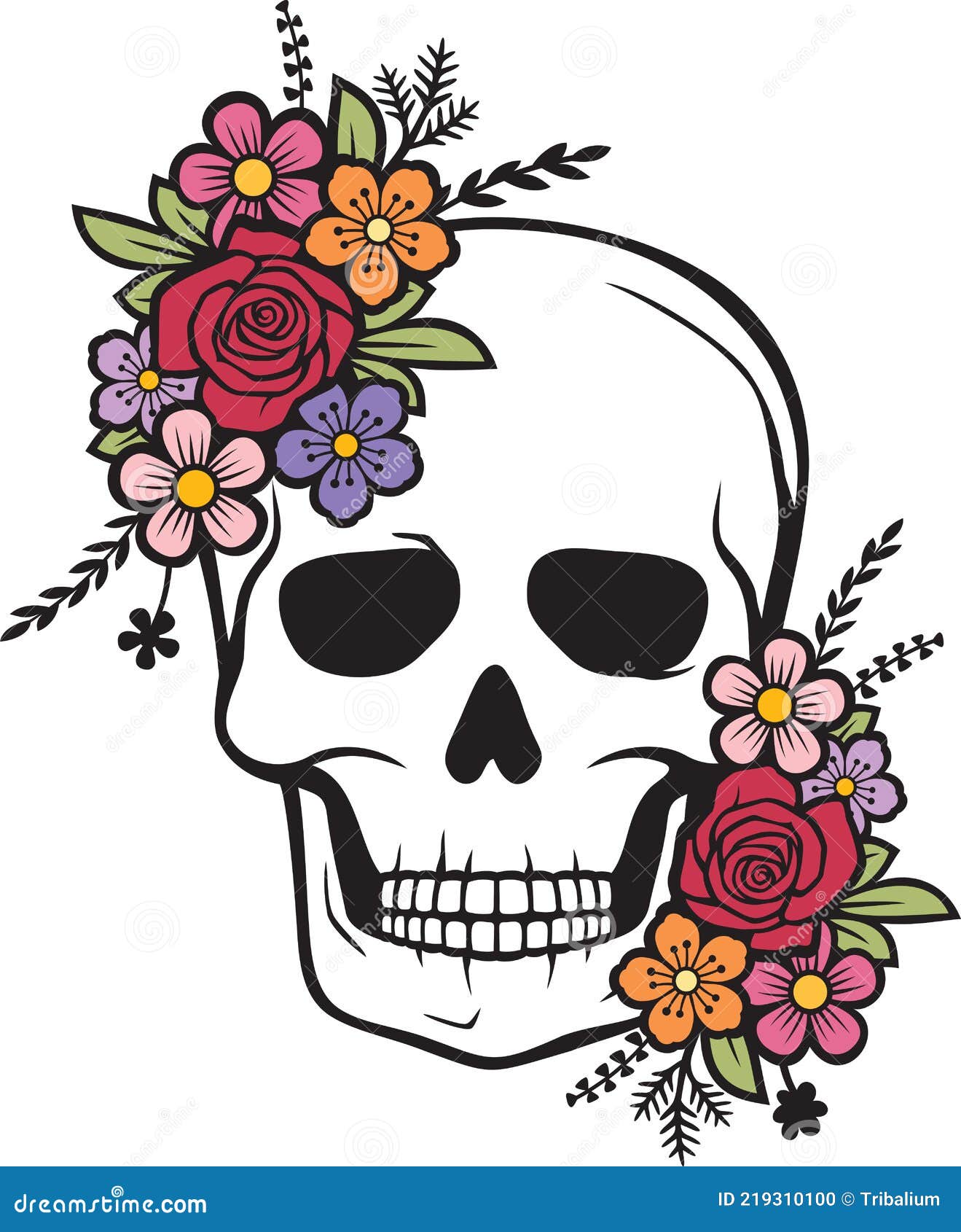 Human Skull with Flowers Vector Stock Vector - Illustration of branch ...