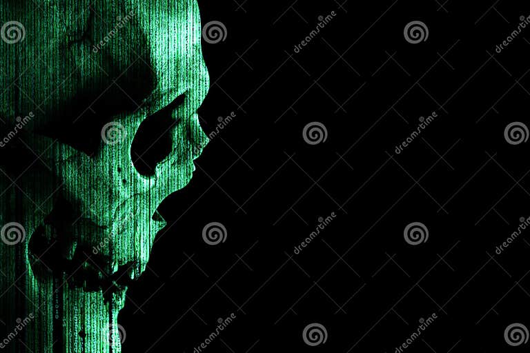 Human Skull with Green Binary Code Matrix Texture on a Black Background ...