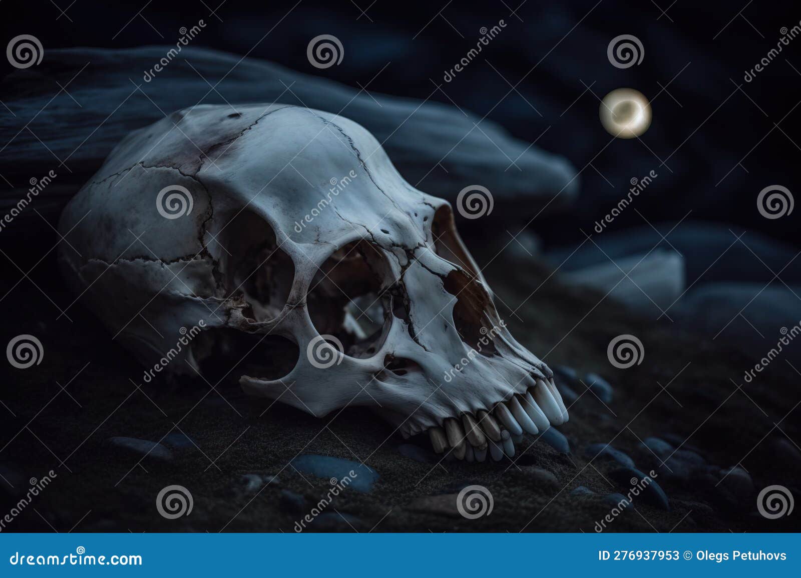 A Human Skull on the Ground with a Full Moon in the Background and a ...