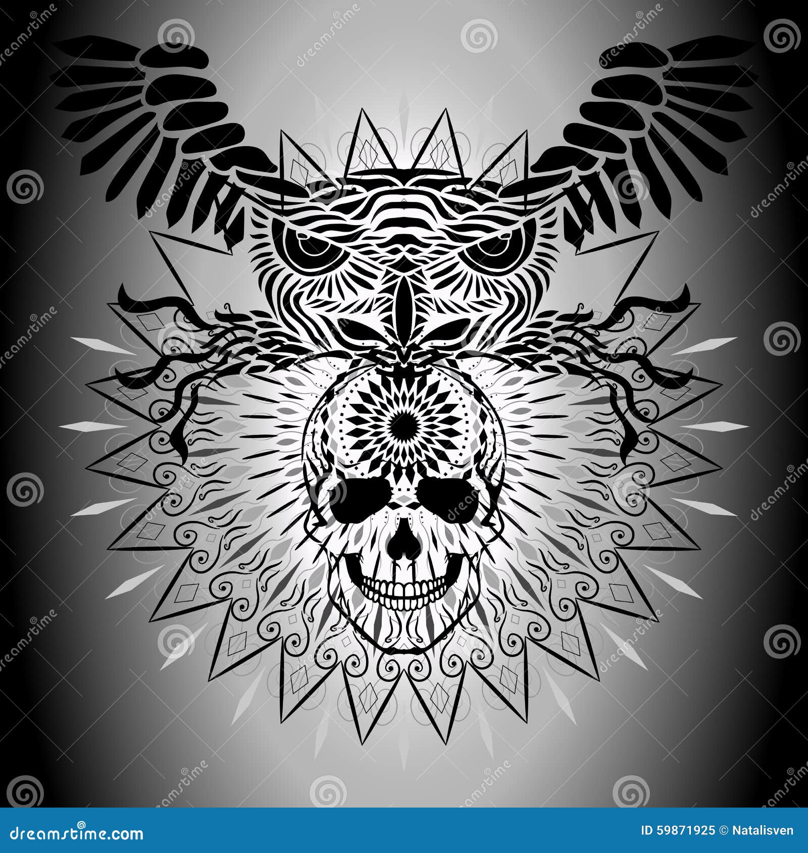 Human Skull and Owl stock vector. Illustration of surreal - 59871925
