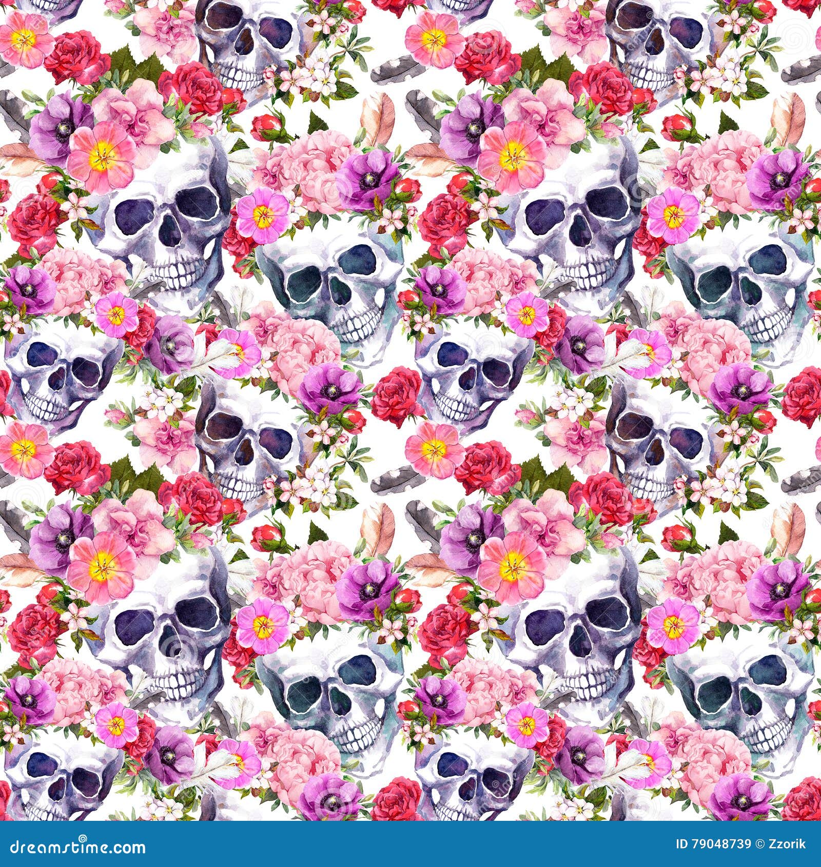 Human Skulls Flowers Seamless Pattern Watercolor Stock Illustration