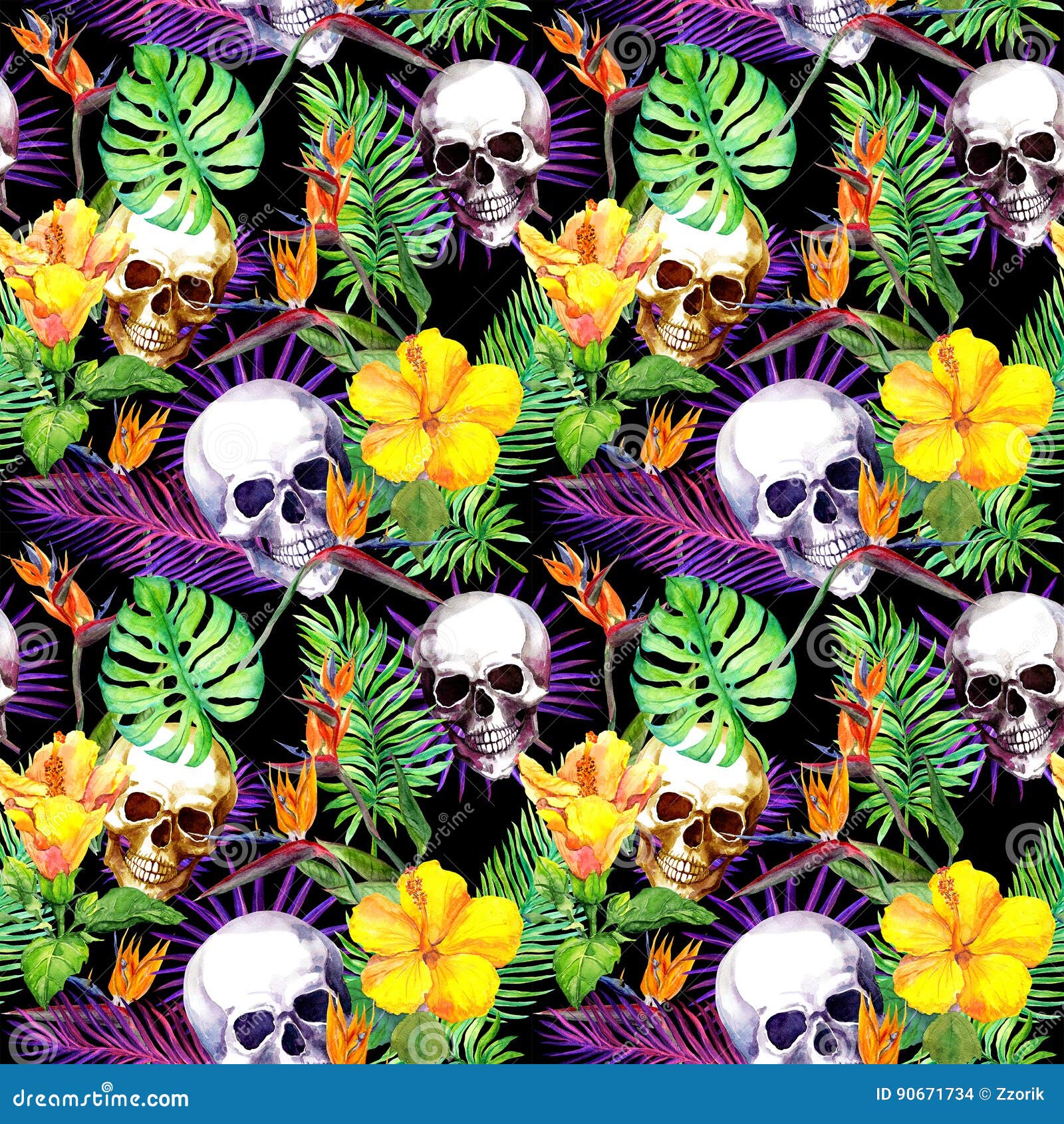 Human Skulls Tropical Leaves Exotic Flowers Repeating Pattern At