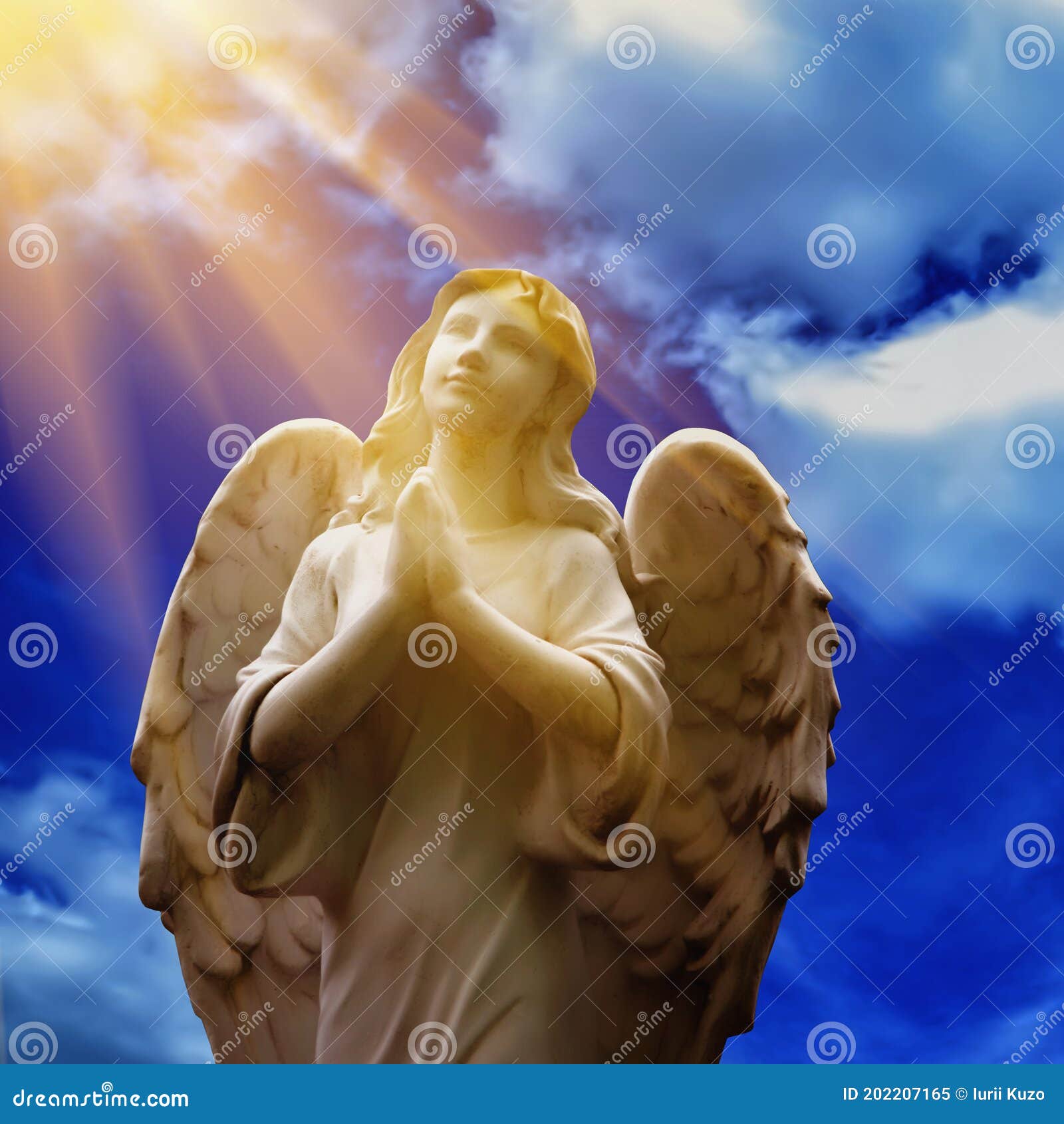 Human Soul As Angel with Wings Looking Up at the Sky in Rays of Light ...