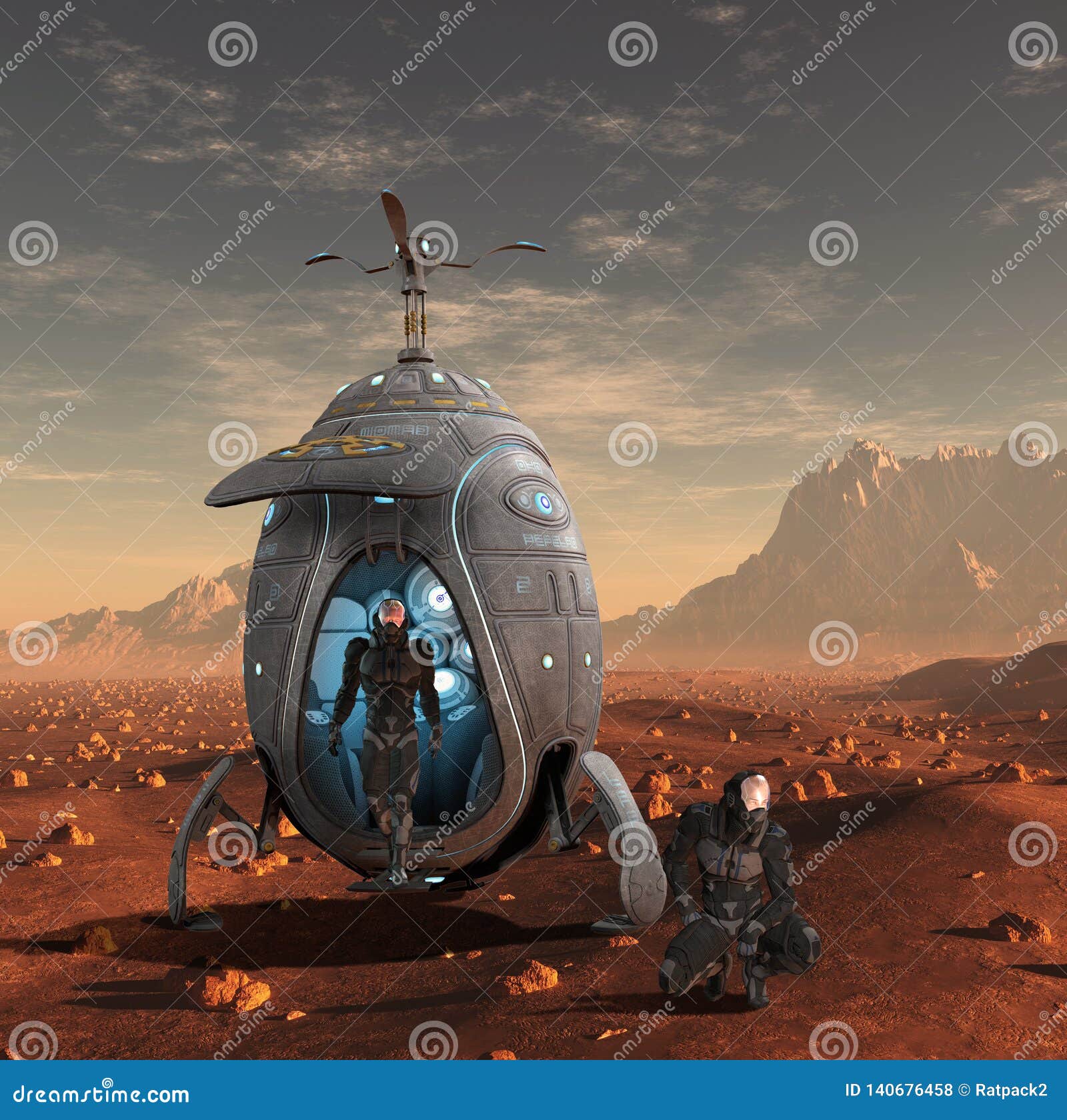 Human Spacecraft Landing on Mars Stock Illustration - Illustration of ...