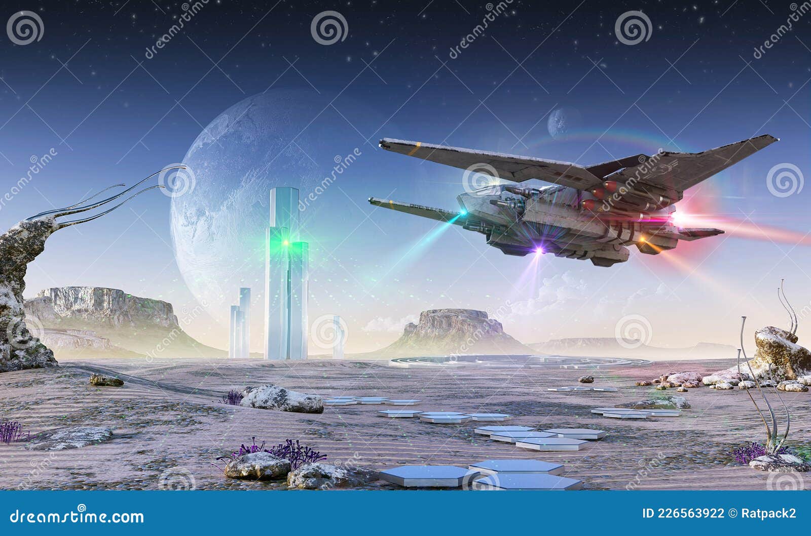 Spaceship Flying Over A Moon With Mountains And Rocks, Two Planets With ...