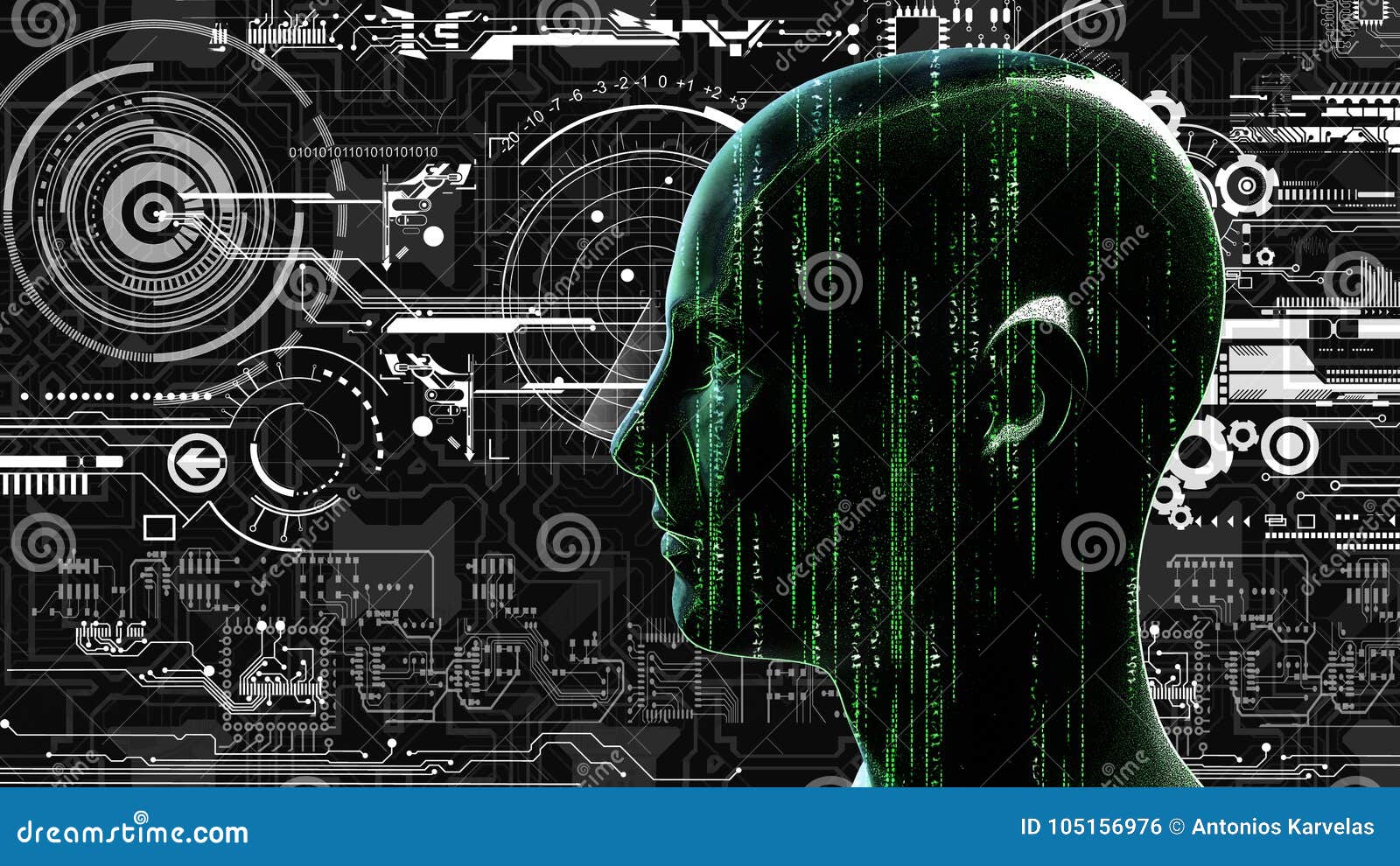 Human Tech Matrix Head at Background with Electronic Circuits Stock ...