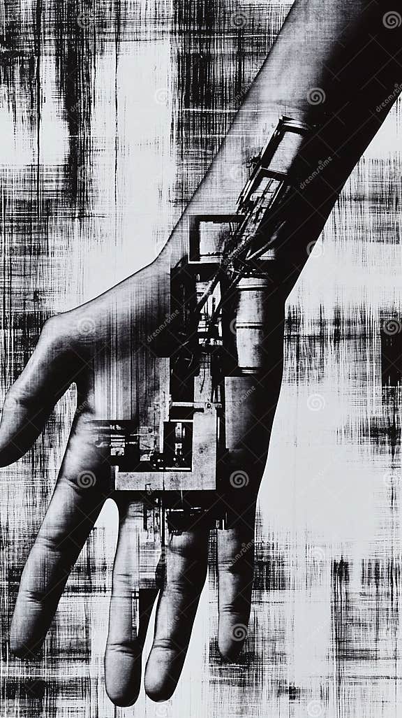 Human Touch Interacting with Machine Elements Framed by Brutalist ...