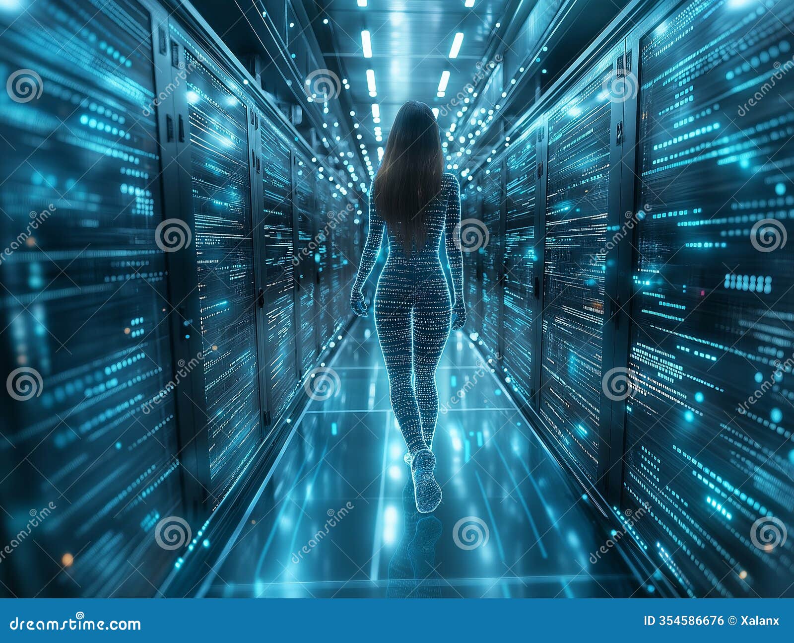 Human Transitioning into Data in Server Room Stock Illustration ...