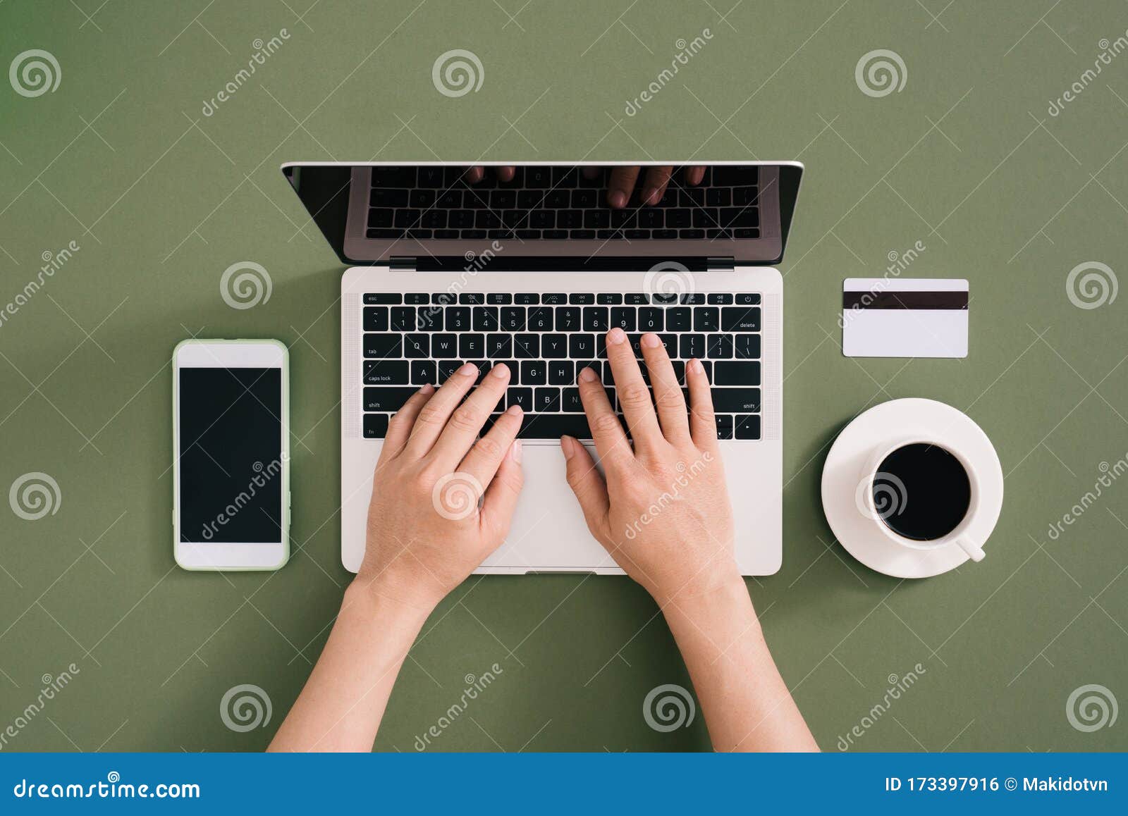 Human Using Laptop Top View on Minimal Workspace. Color Background and ...