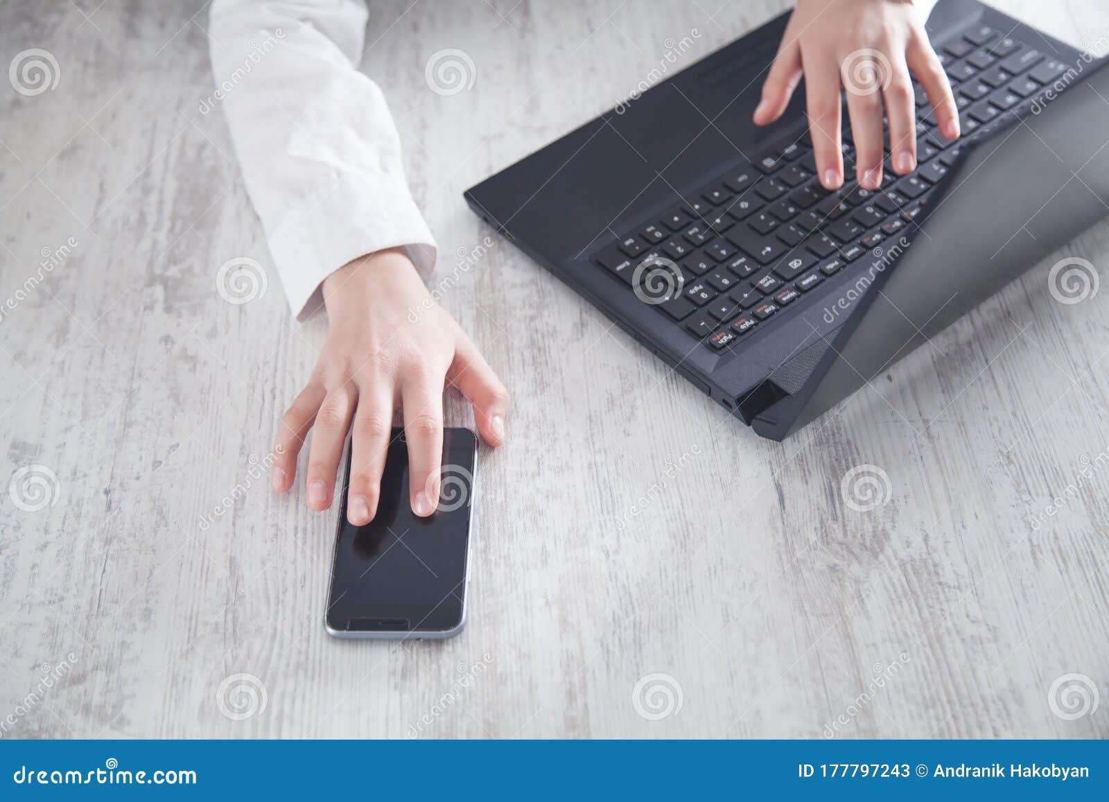 Human Using Smartphone and Working on Computer Stock Image - Image of ...