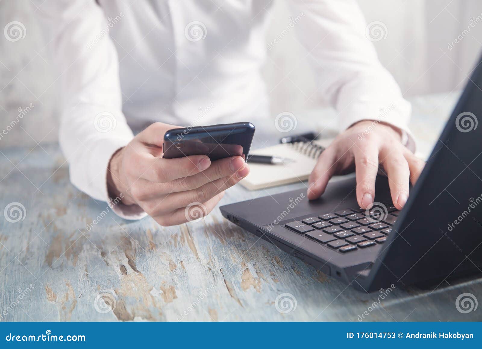 Human Using Smartphone and Working on Computer Stock Image - Image of ...
