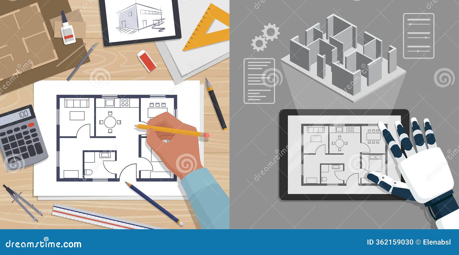 Human Vs. AI Robot Working on a House Project Stock Vector ...