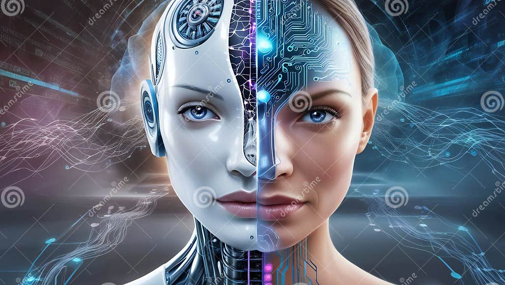 Human Vs Robot Abstract AI Concept with Digital Brain and Neural ...