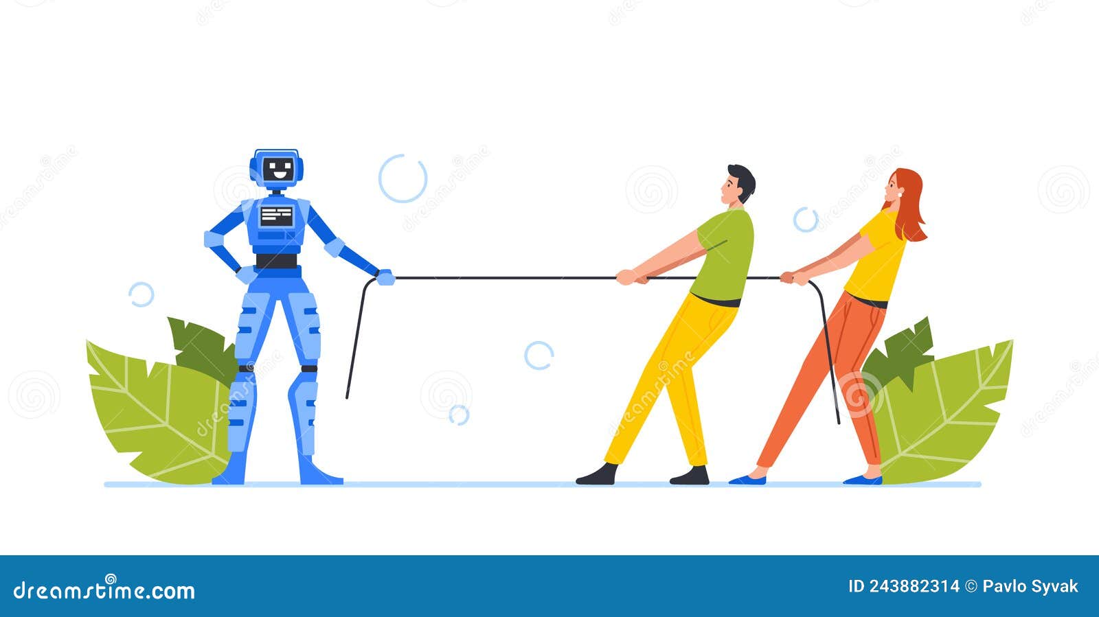 Human Worker Characters Pulling Rope Against Robot. Tug of War Fighting ...