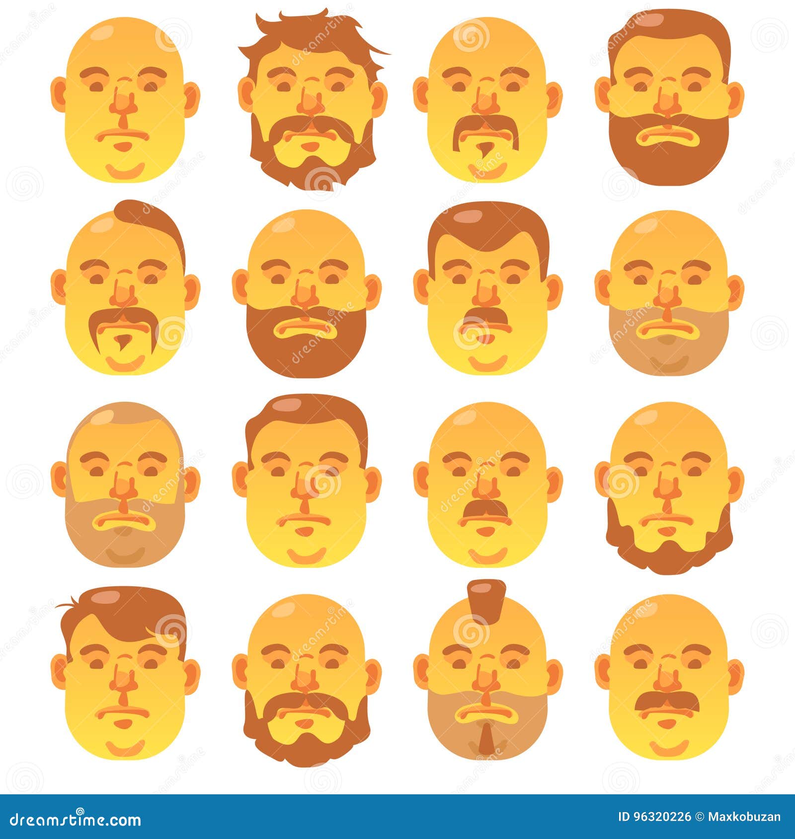 16 Human Yellow Faces with Different Hairstyle and Beard; Stock Vector ...