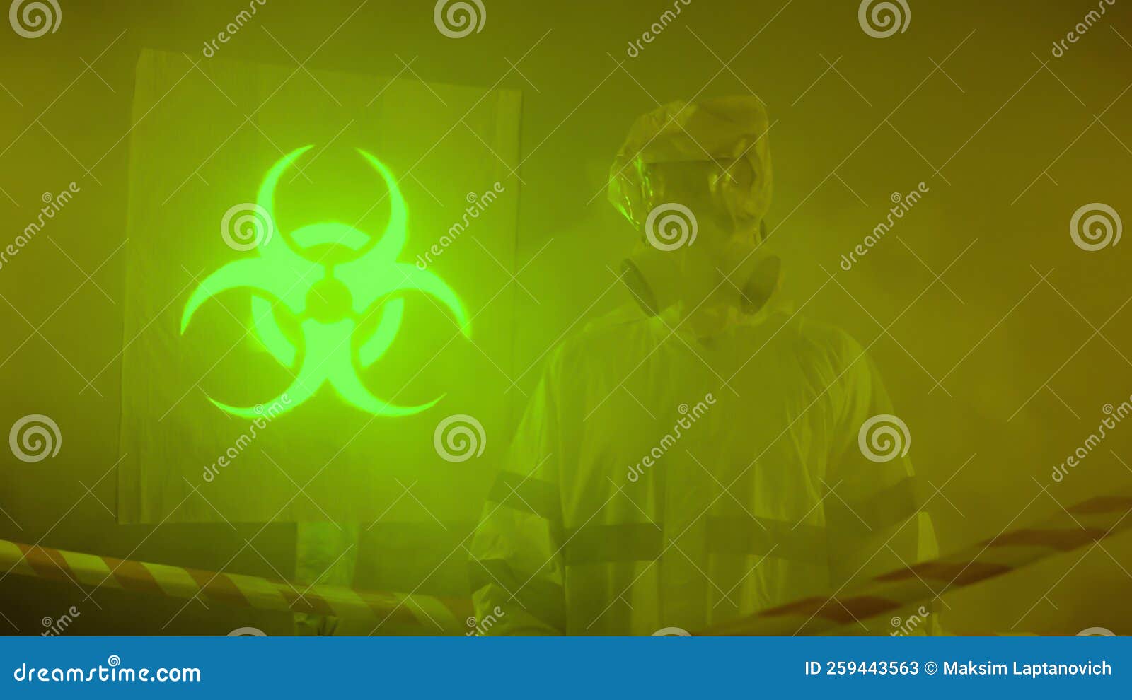 Human in Yellow Protective Suit Points. Bacteriological Danger and Haze ...